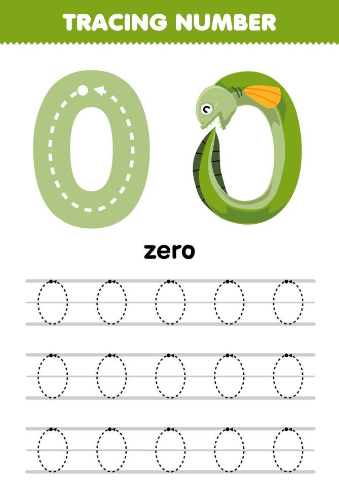 Education game for children tracing number zero with cute cartoon eel picture printable ...