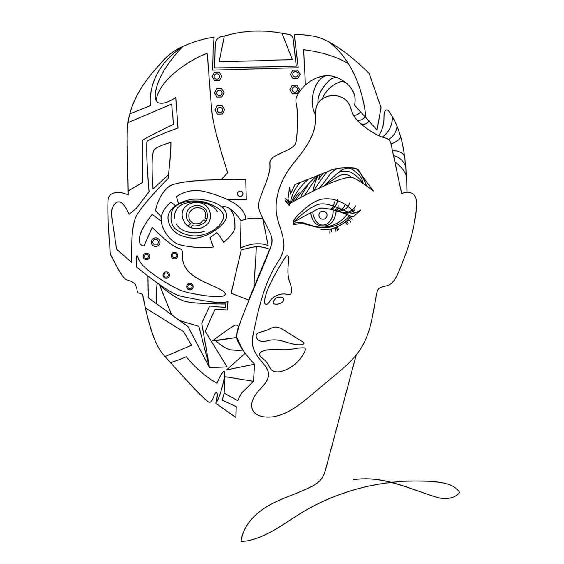 Artificial intelligence concept.Head of robot with half of female face ...