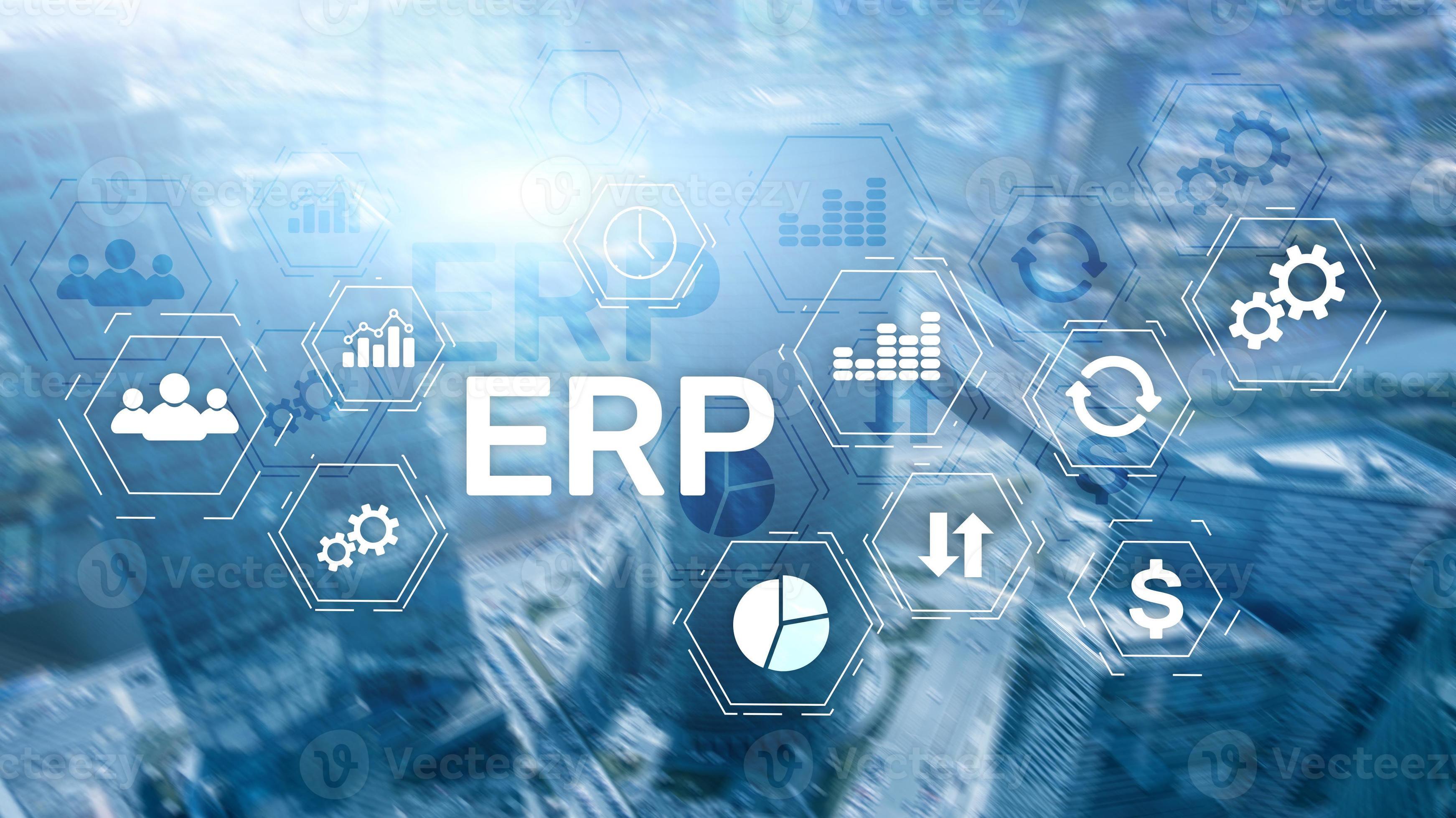 ERP system, Enterprise resource planning on blurred background. Business automation and ...