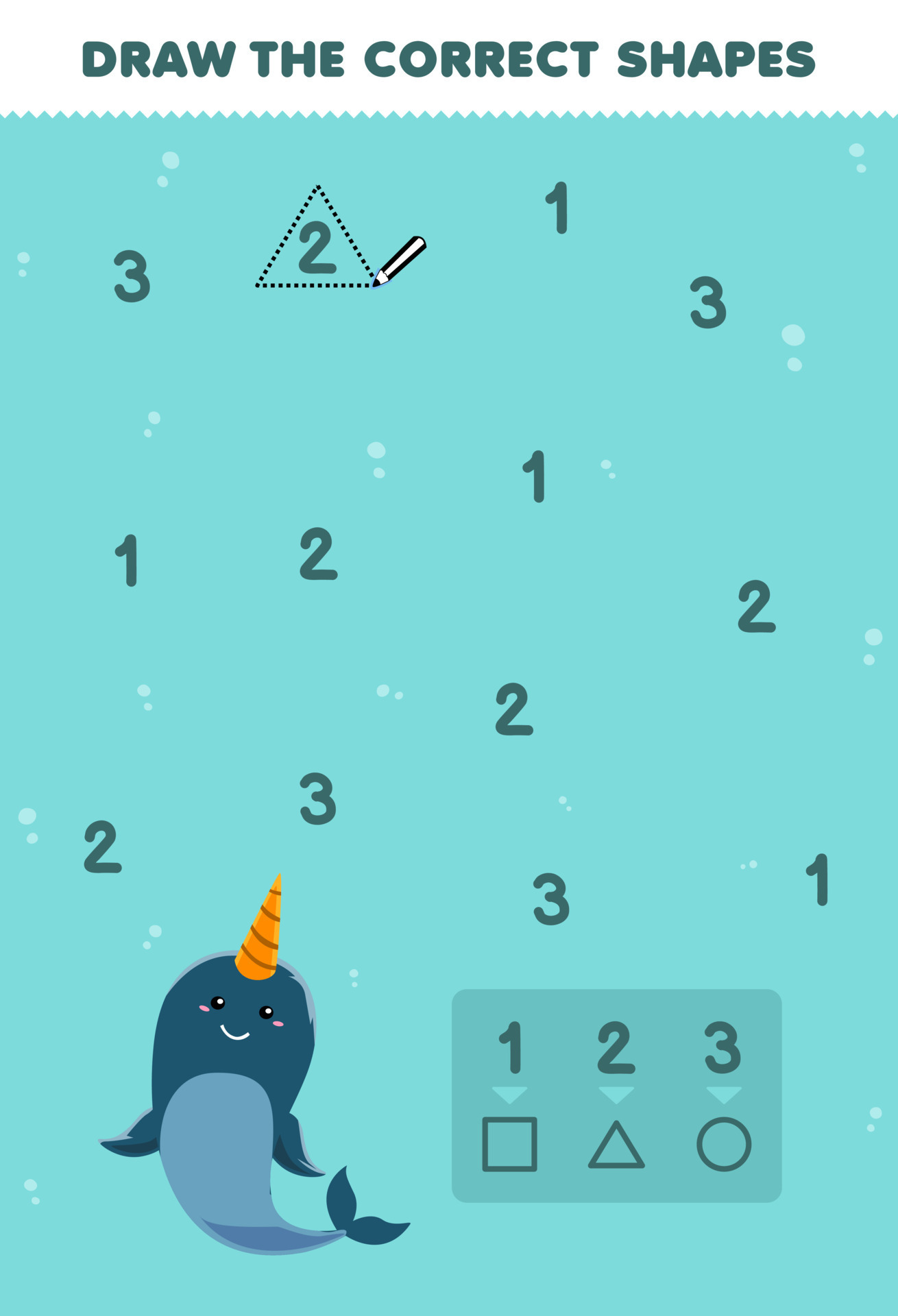 Education game for children help cute cartoon narwhal draw the correct ...