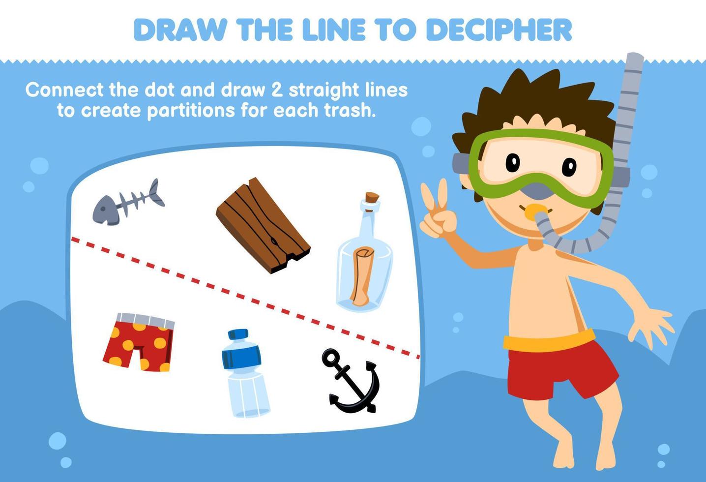 Juego Educativo Para Niños Ayuda A Los Buzos A Dibujar Las Líneas Para Separar Cada Basura Hoja
