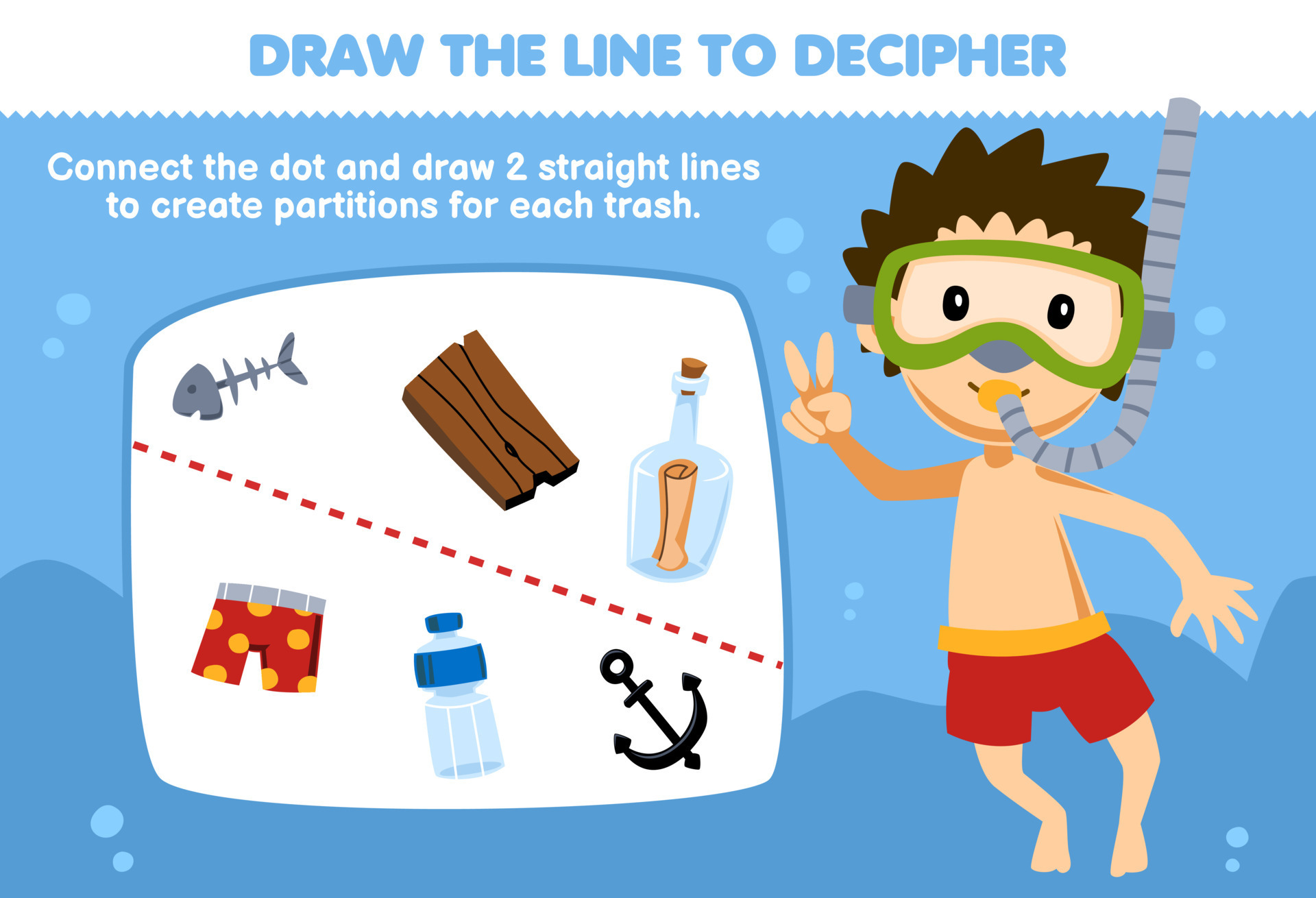 Juego Educativo Para Niños Ayuda A Los Buzos A Dibujar Las Líneas Para Separar Cada Basura Hoja