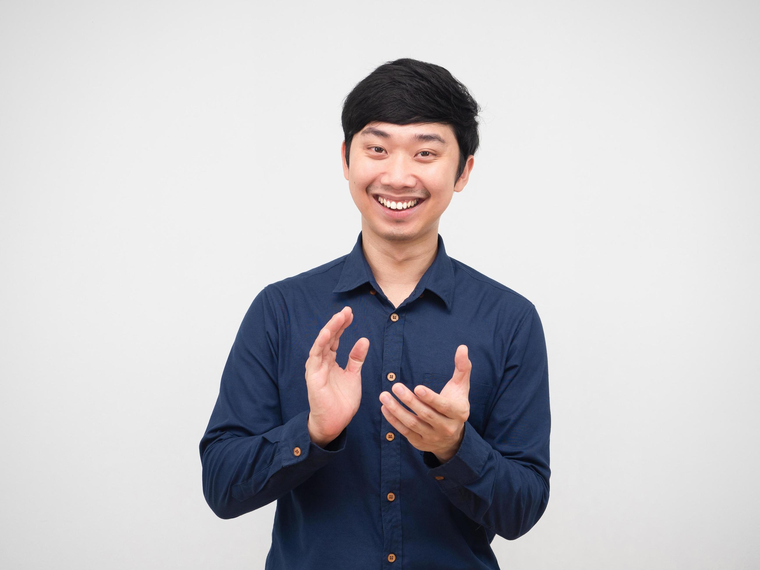 Asian Man Cheerful Smile Face Clap His Hand Feeling Happy Portrait