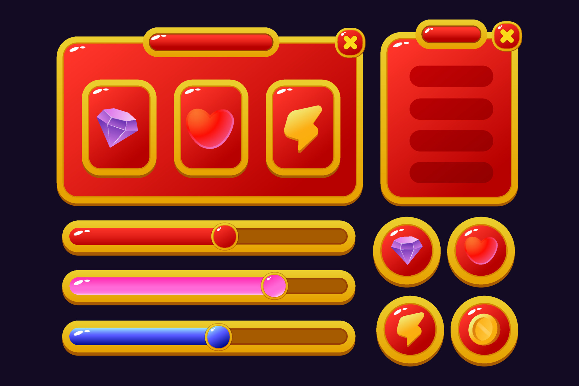Set Of Game Assets Menu Buttons Popup Screens And Settings Buttons Red And Yellow 16666308