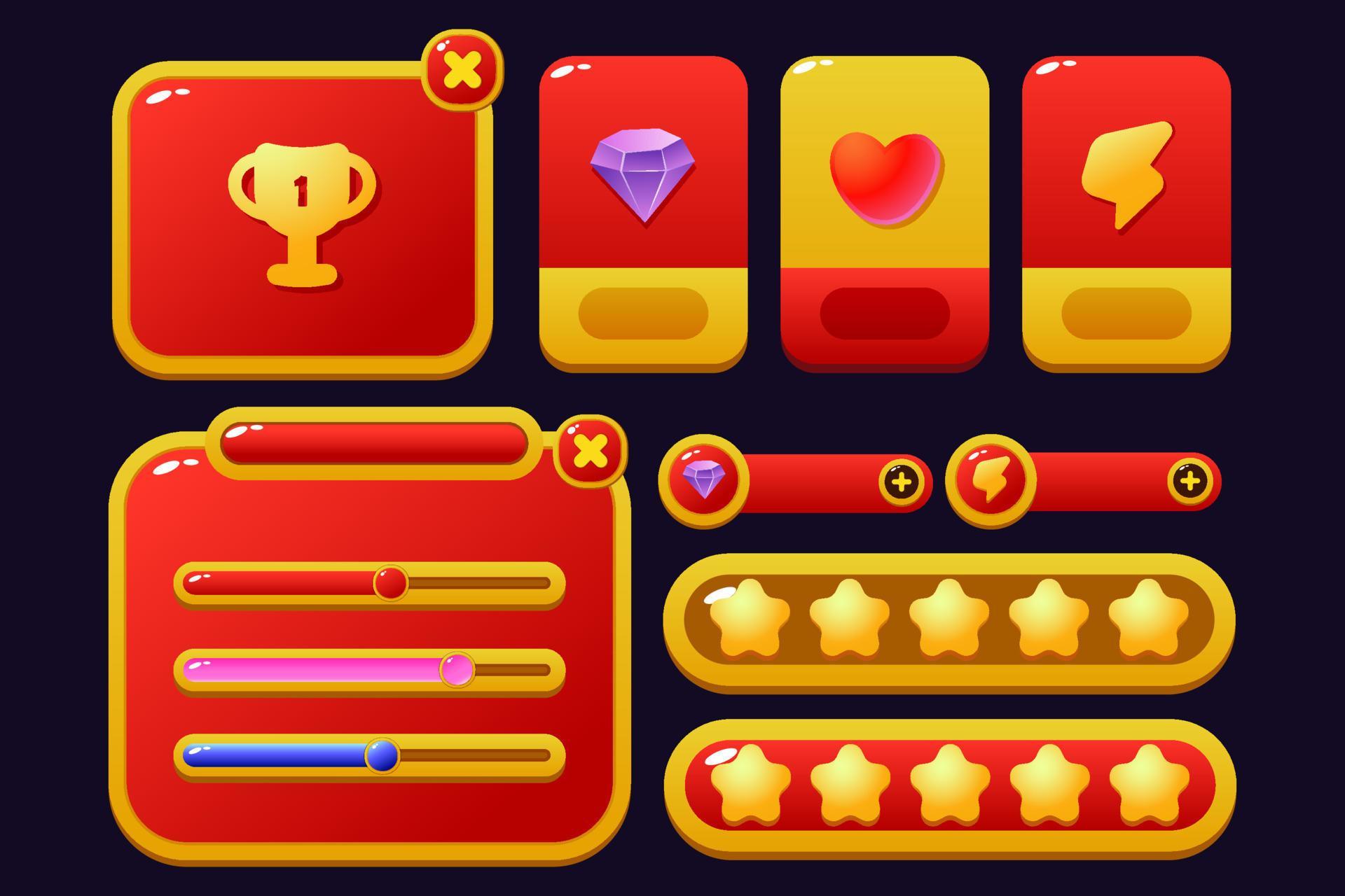 Set Of Game Assets Menu Buttons Popup Screens And Settings Buttons Red And Yellow 16666554