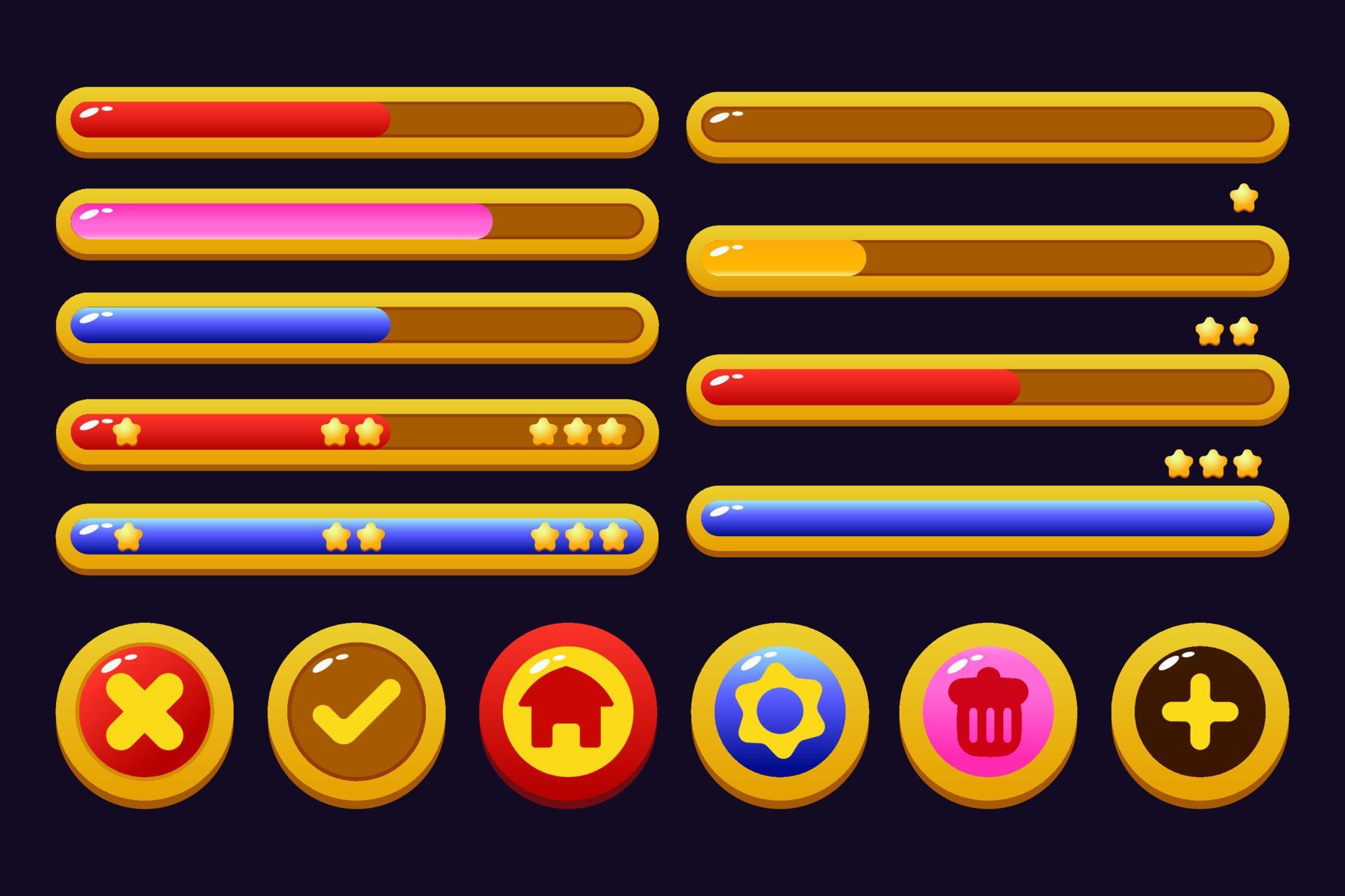 Set Of Game Assets Menu Buttons Popup Screens And Settings Buttons Red And Yellow 16666607