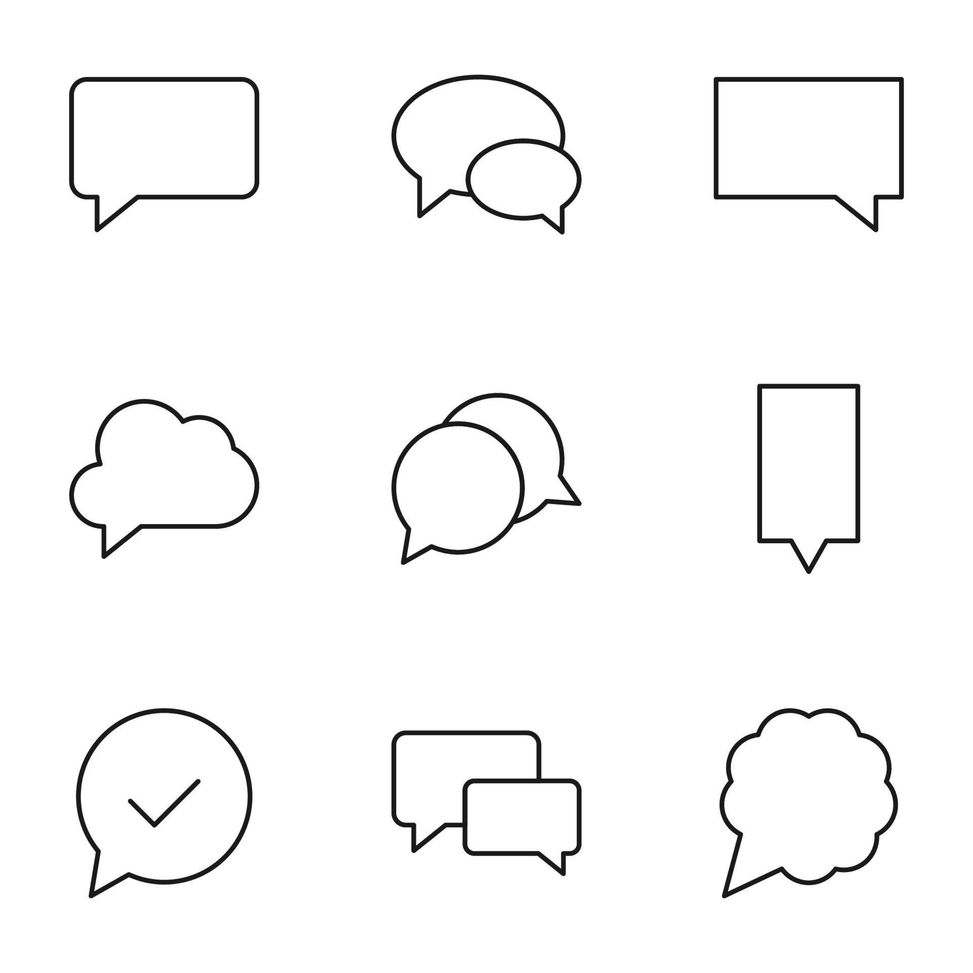 Collection of nine line icons of various speech bubbles in form of oval ...