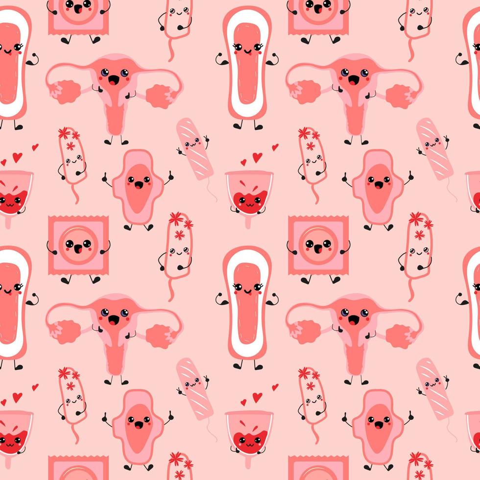 Seamless Pattern With Set Of Cute Kawaii Female Menstrual Cup With