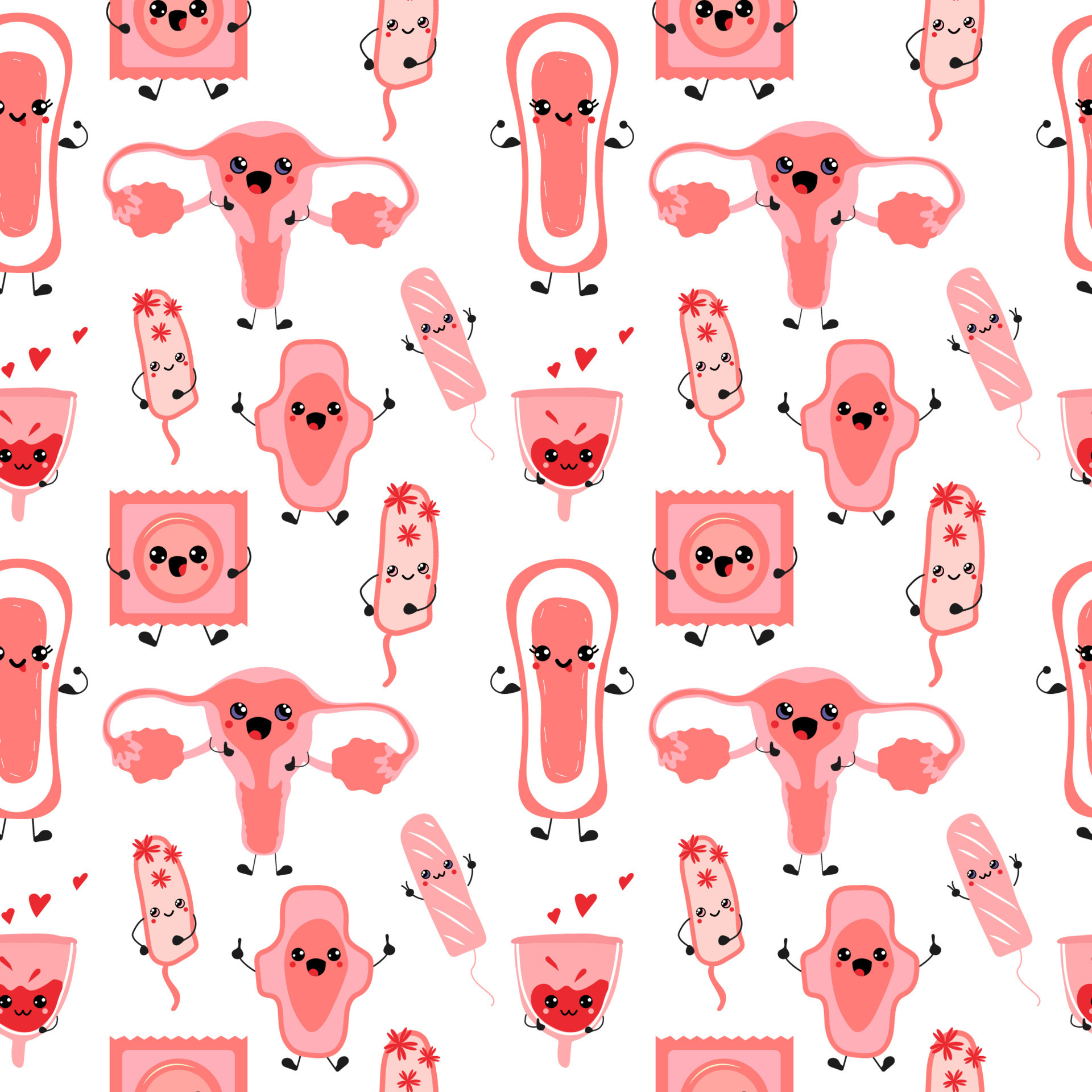 Seamless Pattern With Set Of Girl Hygiene Producer Cute Kawaii Female