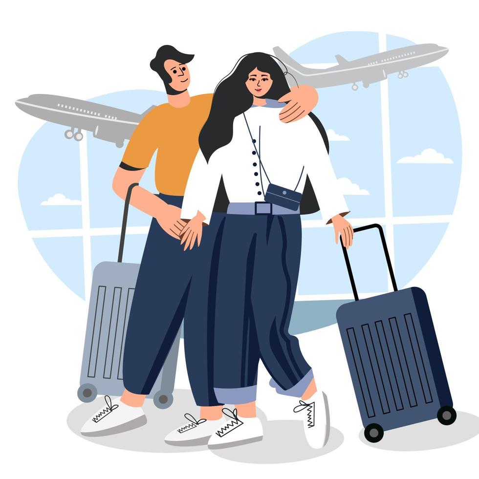 Traveling couple at the airport, flat vector illustration. a man and a ... Traveling couple at the airport, flat vector illustration. a man and a ...
