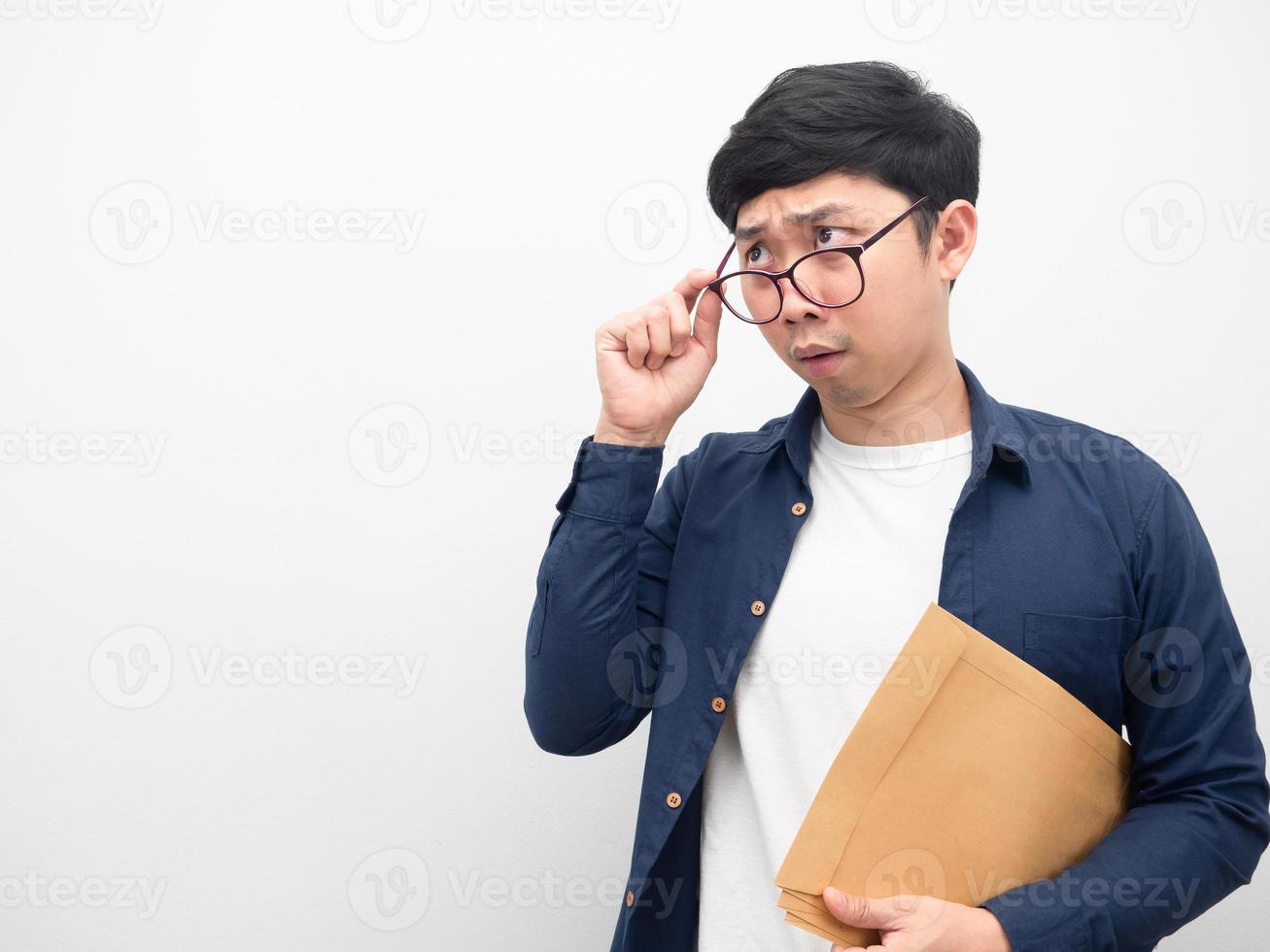 Businessman Holding Envelope Document Gesture Take Off His Glasses For