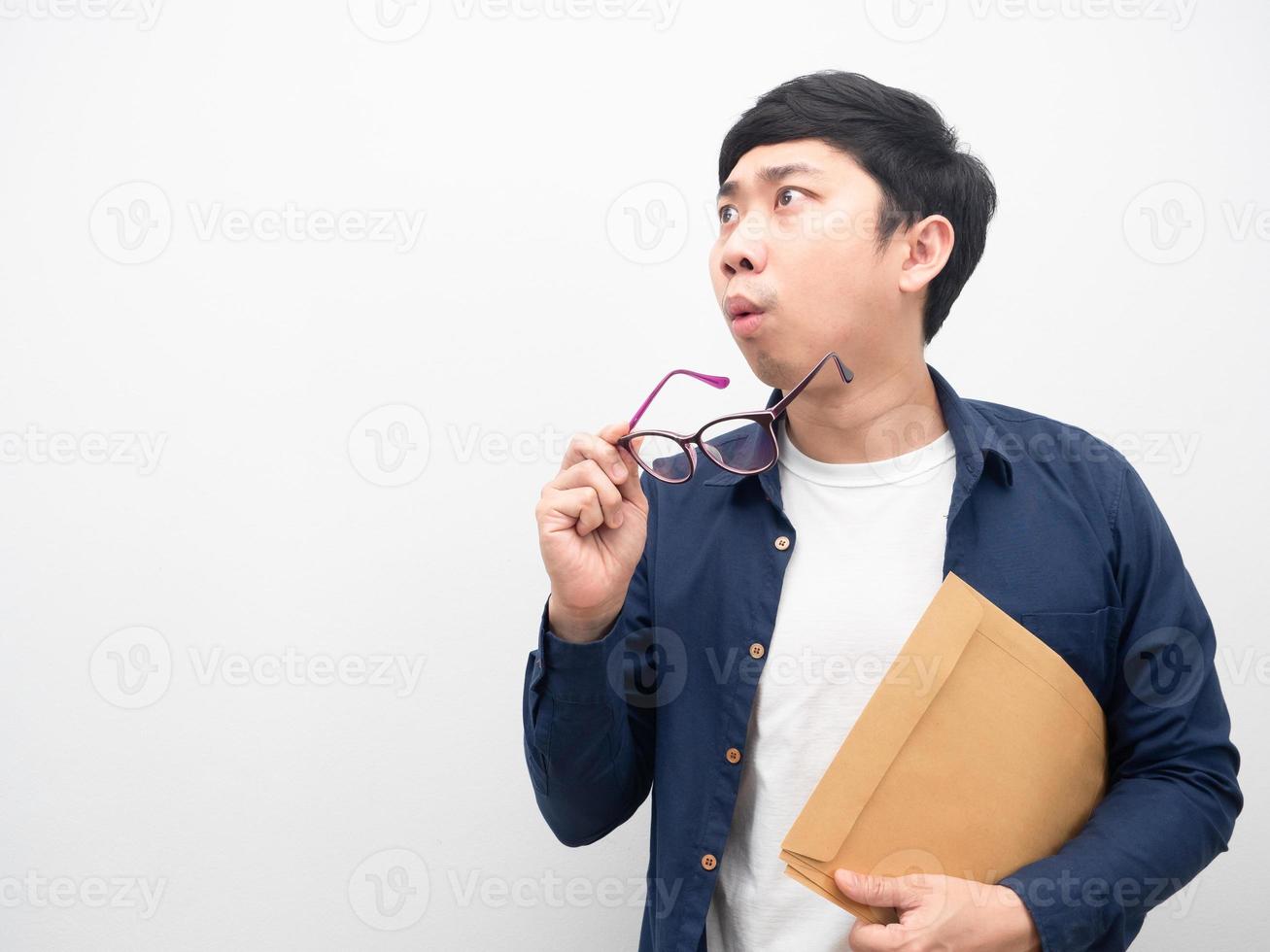 Businessman Holding Envelope Document Gesture Take Off His Glasses For
