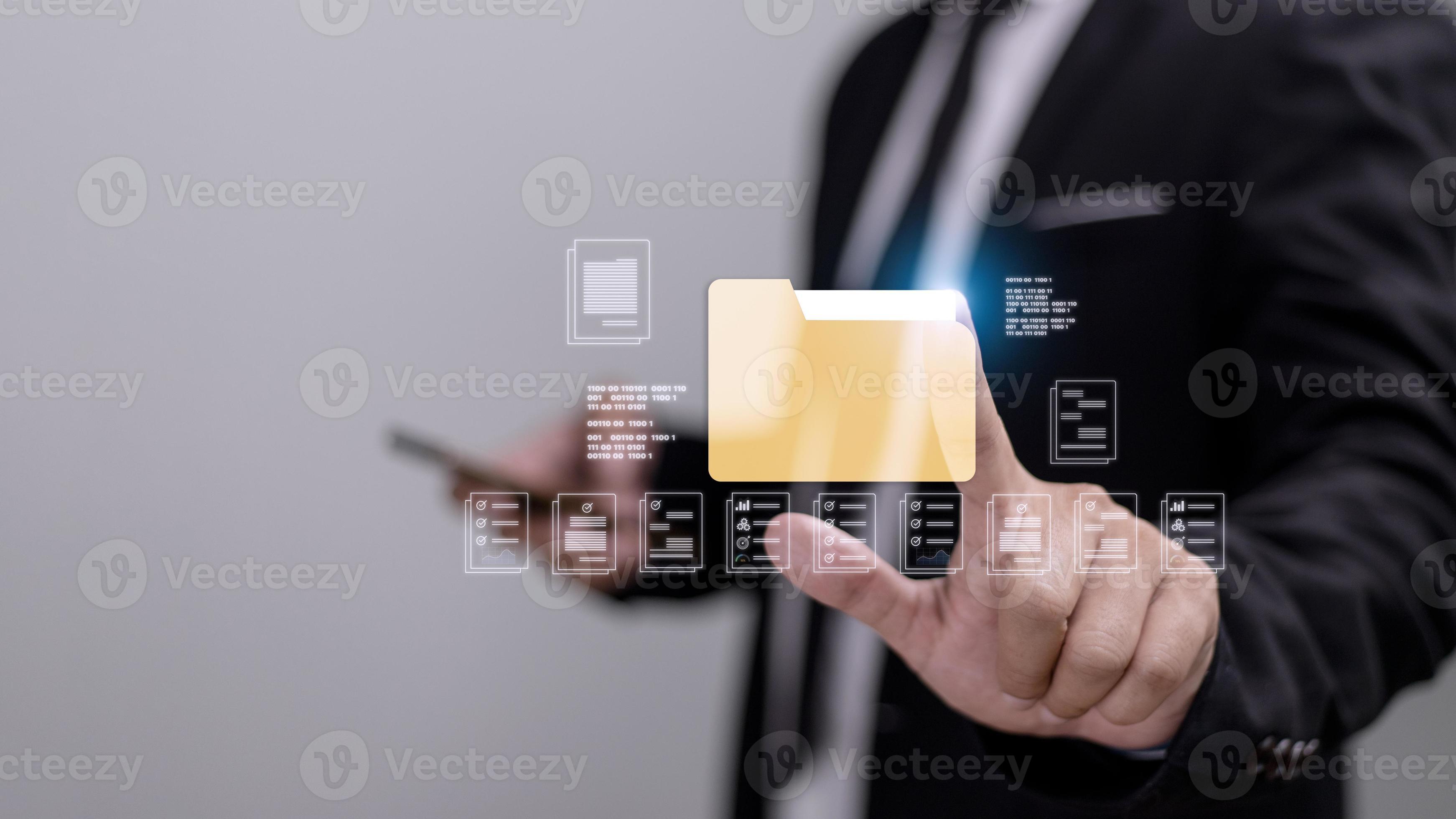 Businessman finger touch digital device, hud hologram with office document icons and binary ...