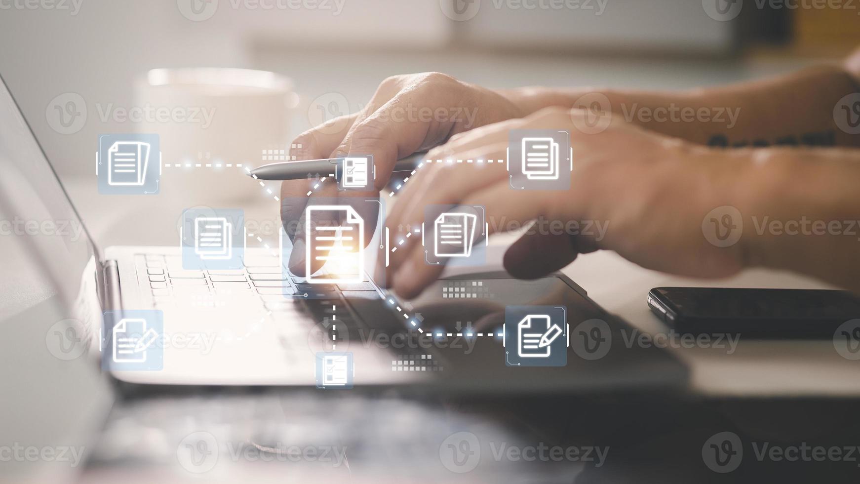 Businessman working with electronics document icons, E-document management, online documentation ...