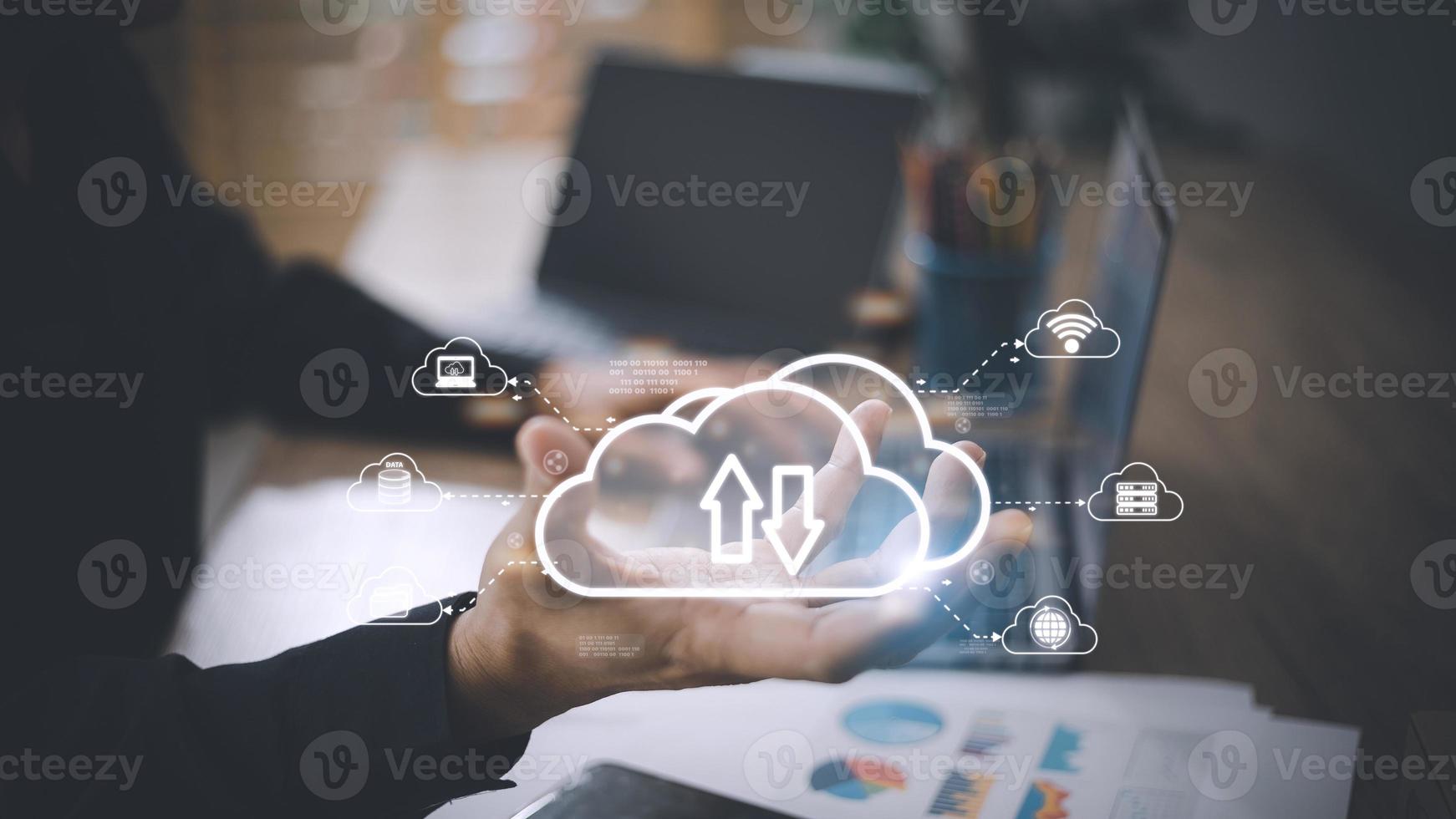 Man with cloud computing diagram show on hand. Cloud technology. Data storage. Networking and ...