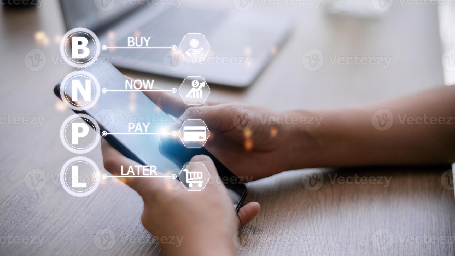 Women holding a smartphone with icons of BNPL with online shopping icons technology. BNPL Buy ...