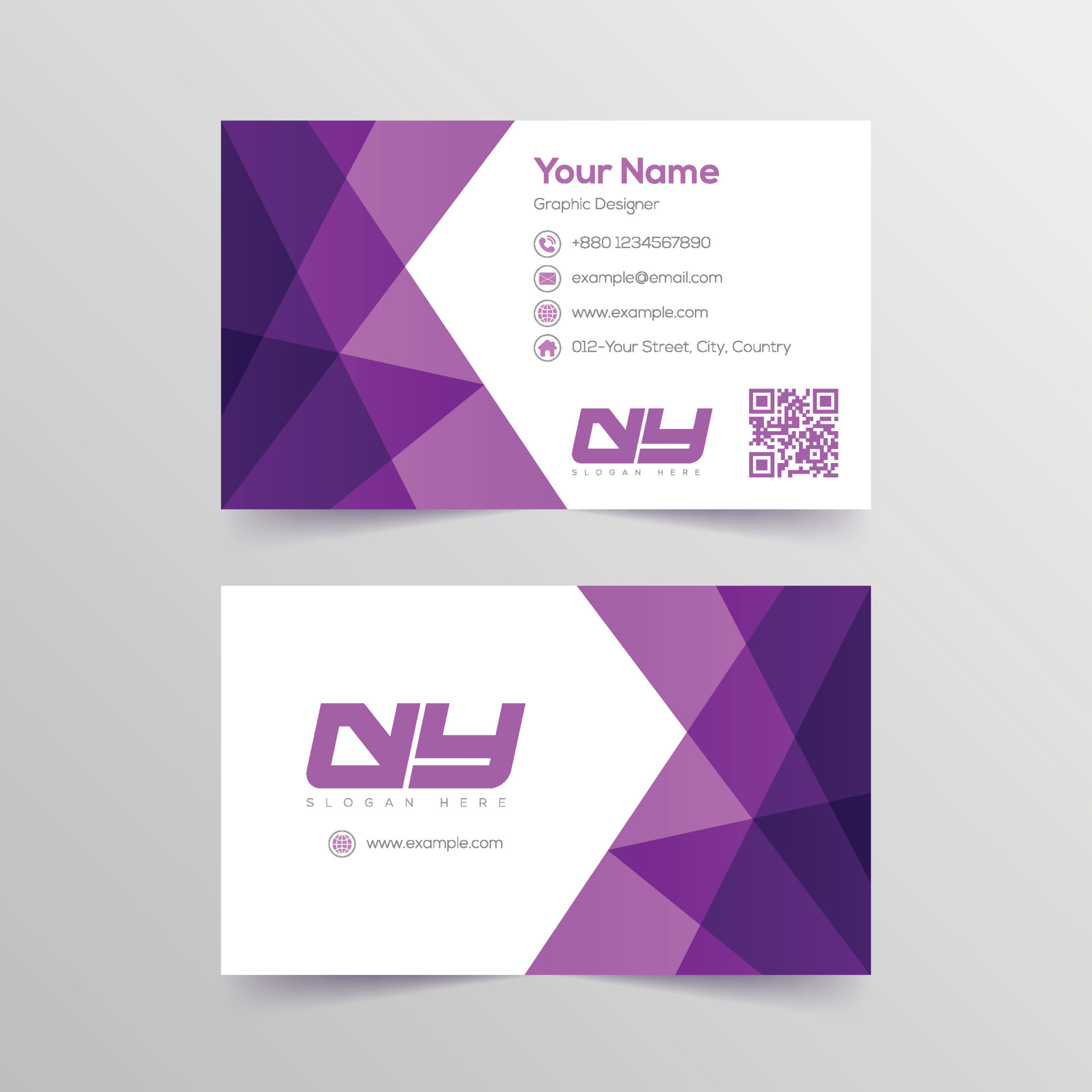 Corporate business card with multiple triangle shapes and QR code ...