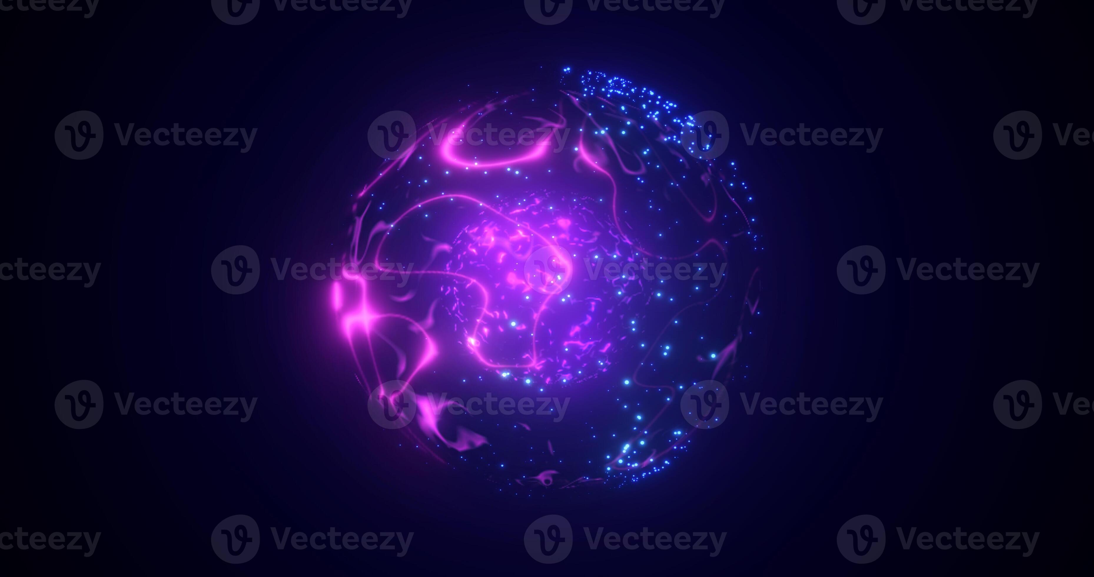 A round purple planet with a molten core in the center in space, a star sphere with an energy ...