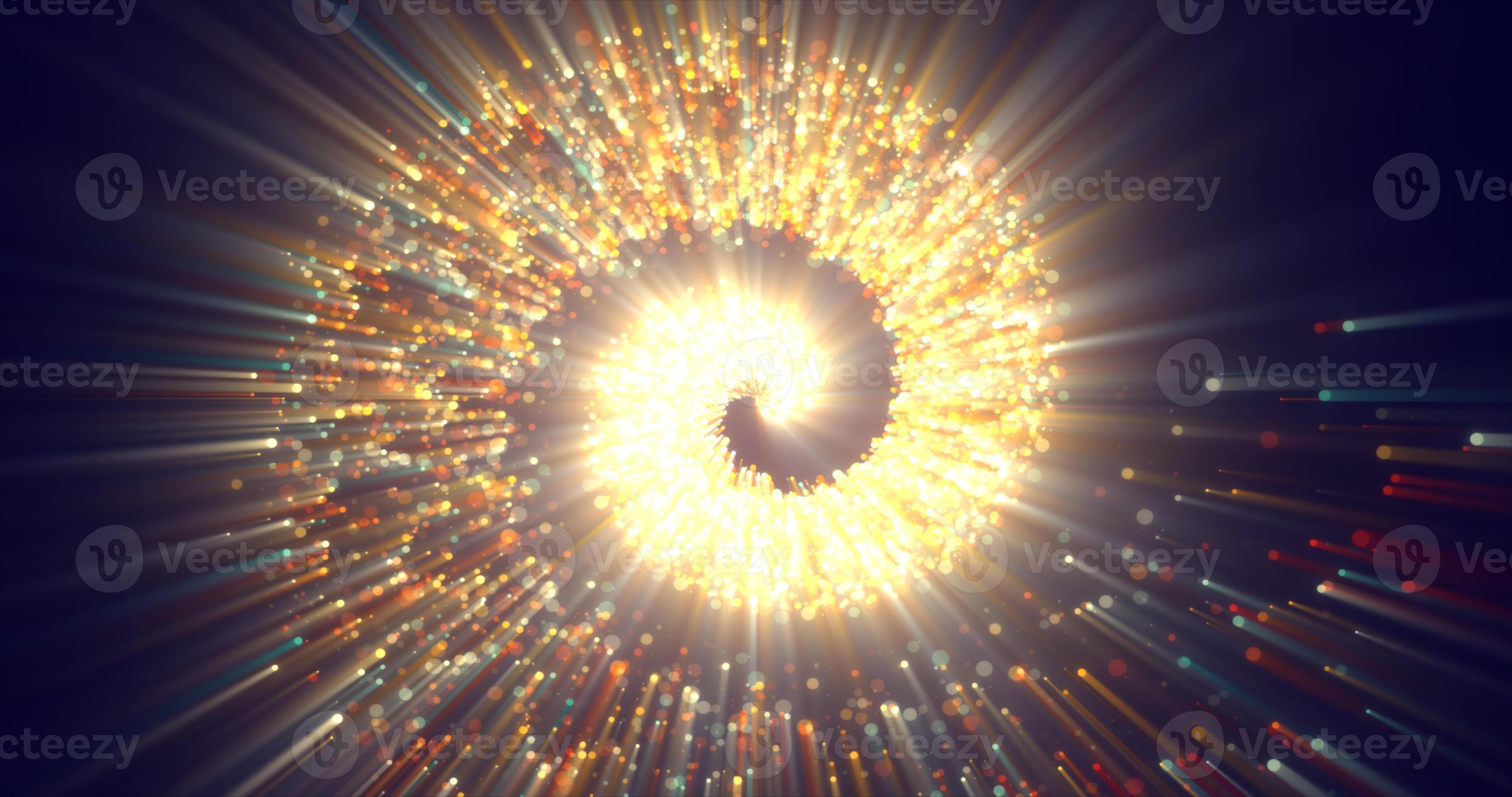 Abstract spiral tunnel of beautiful flying glowing magical particles bokeh energy orange fiery ...