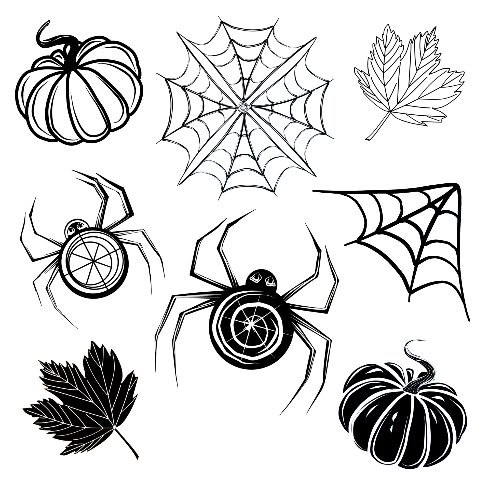 Set of autumn Halloween illustrations with spider, spider web, pumpkin ...
