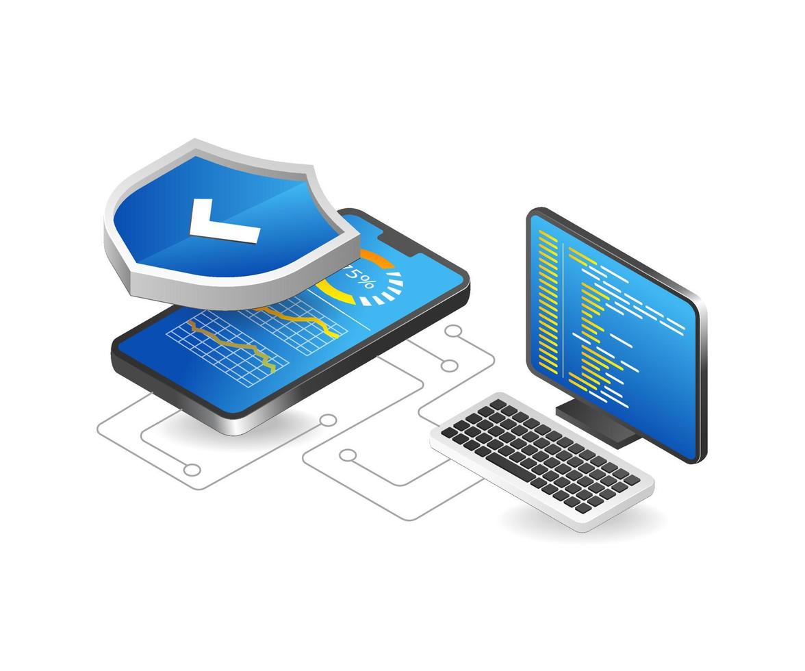 Flat isometric 3d illustration smartphone security application program analysis concept 16716661 ...