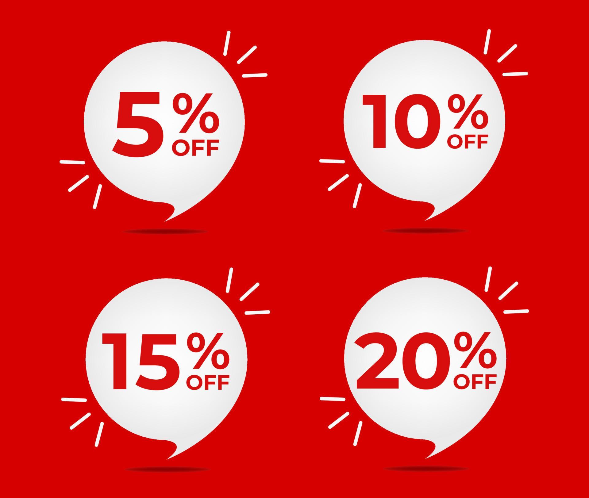 5 off, 10 off, 15 off and 20 off. Set of tag discounts. Banner with four red bubble balloons ...