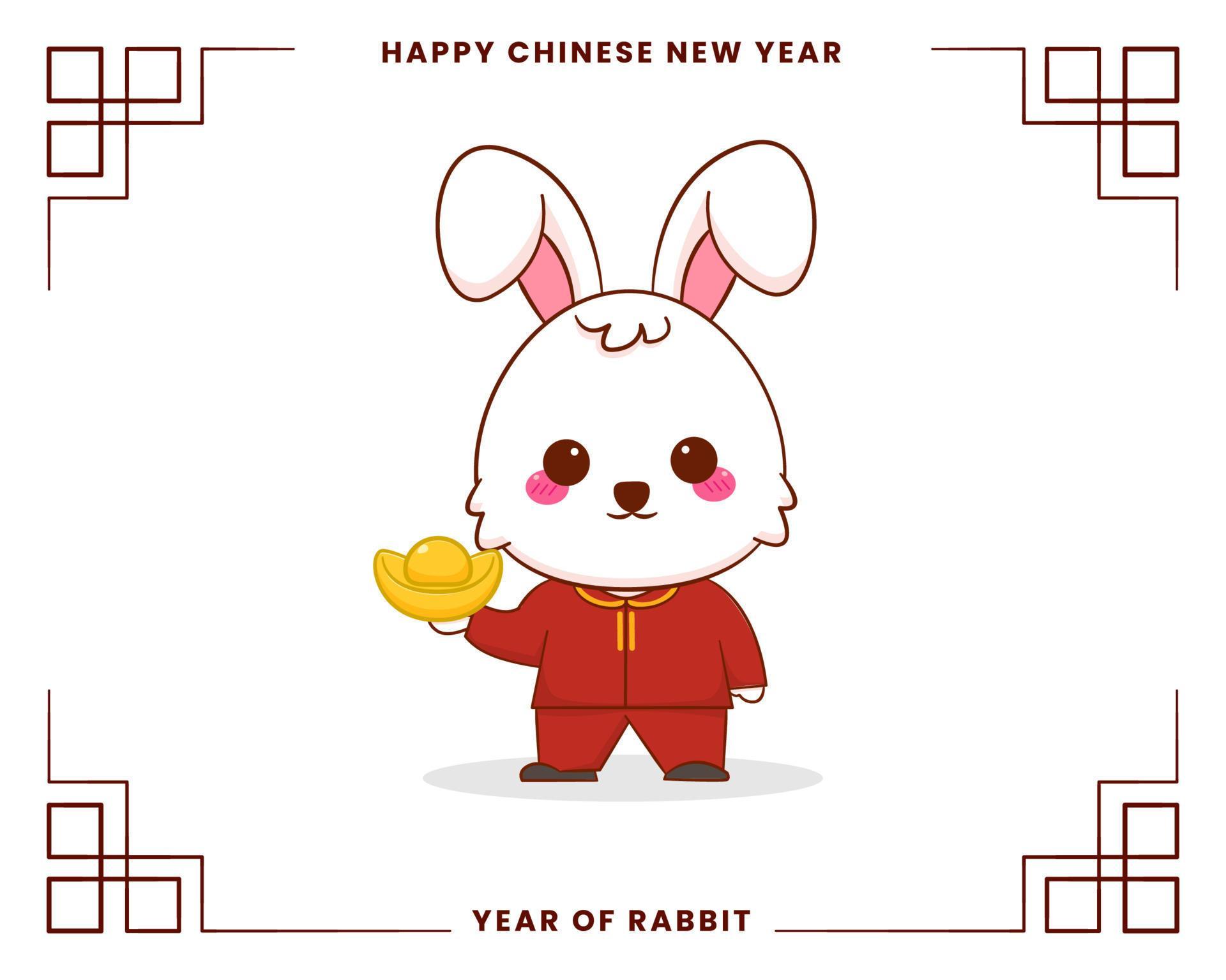 Happy Chinese new year greeting card 2023 with cute rabbit wearing traditional costume. Rabbit ...