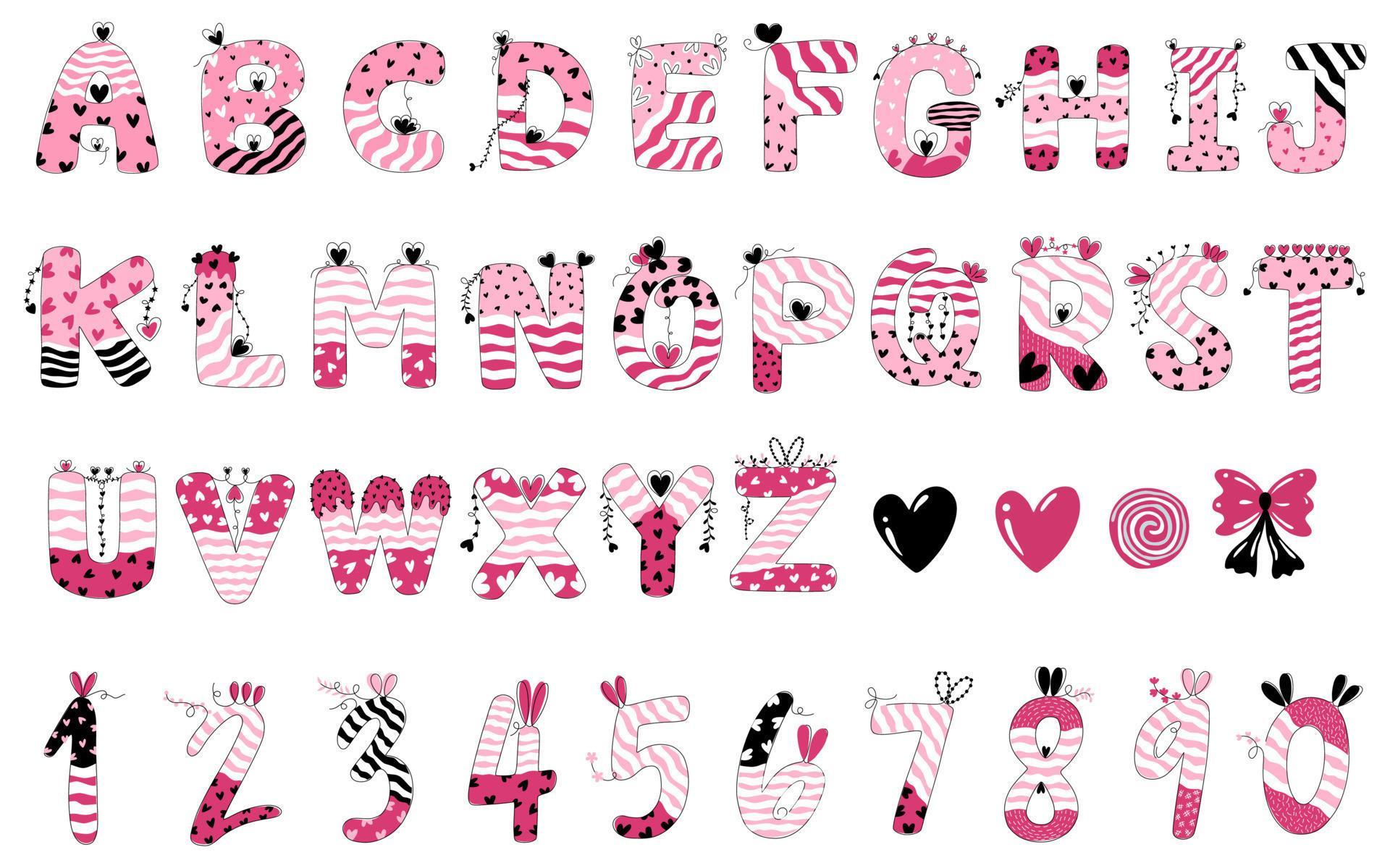 Vector collection Valentines alphabet design in pink tones. On a white ...