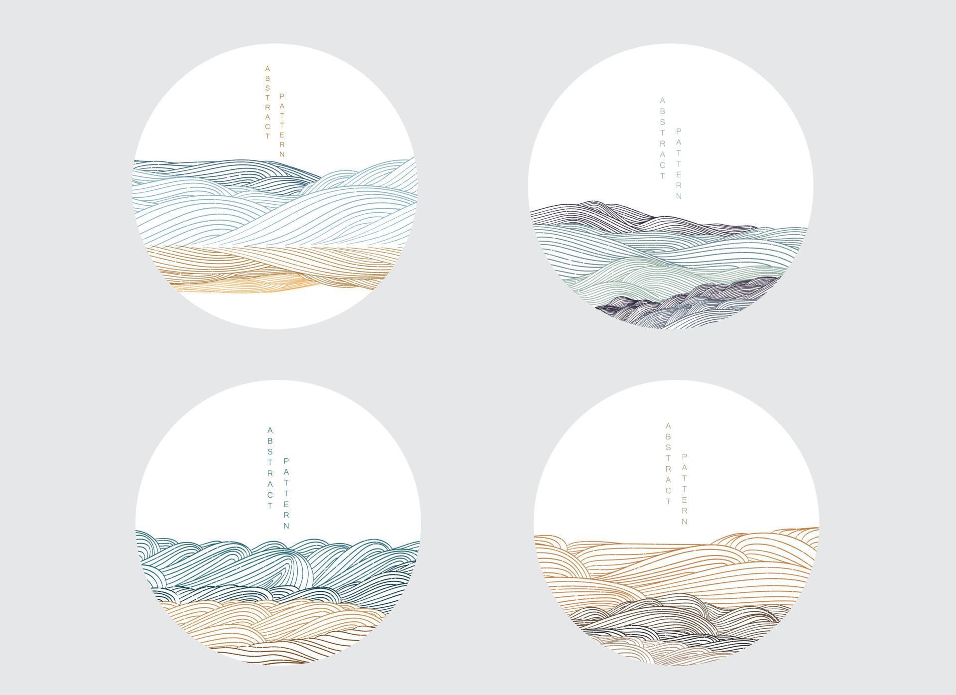 Abstract Background With Japanese Wave Pattern Vector Line Elements With Art Landscape Postcard