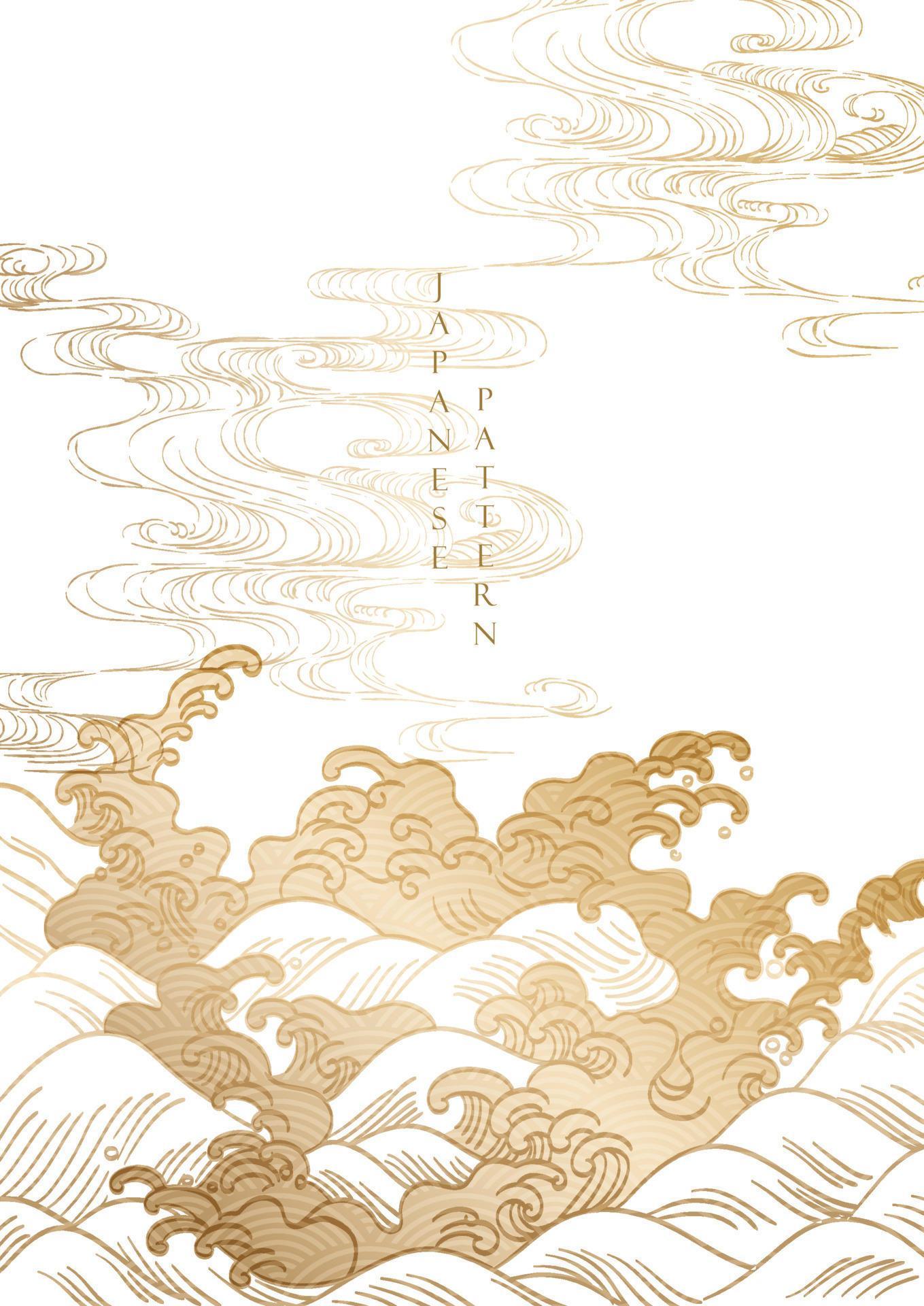 Japanese wave pattern in oriental style. Gold hand drawn ocean with ...