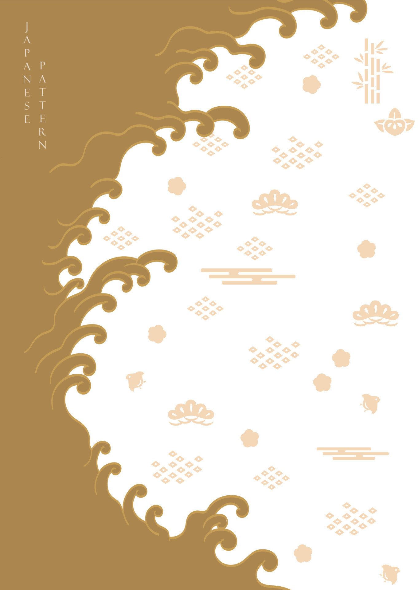 Japanese Hand Draw Wave Background With Bonsai And Bamboo Icon Pattern