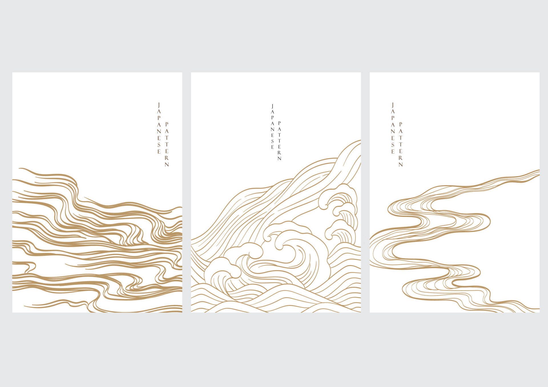 Japanese Background With Hand Drawn Wave Elements Vector Gold Line Pattern With Ocean Object In