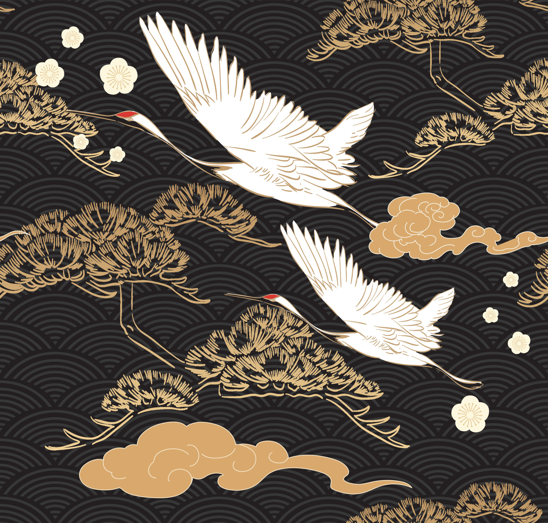Japanese Seamless Pattern With Crane Birds Elements Vector Asian Background With Oriental