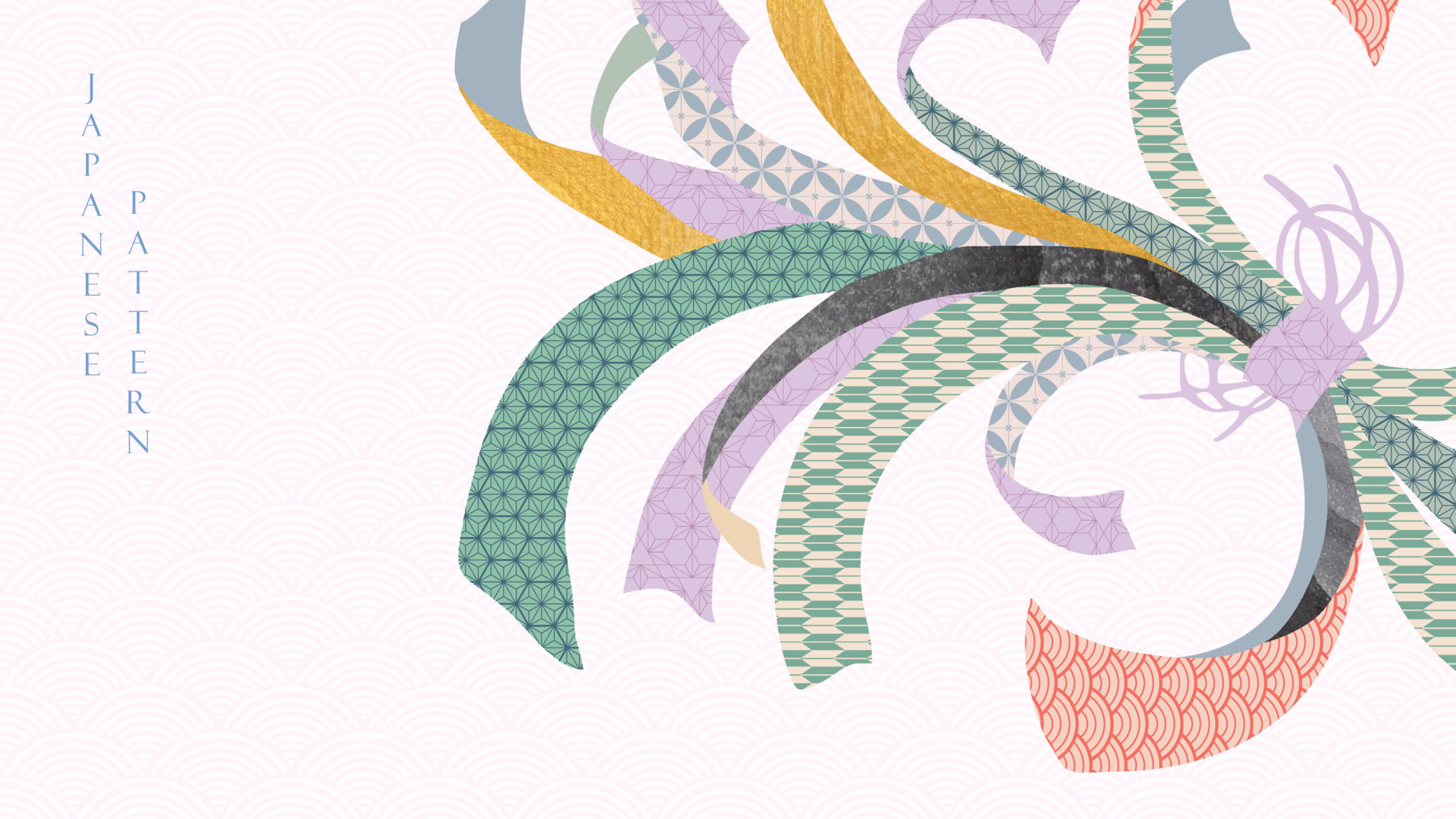 Japanese Background With Geometric Pattern Vector Ribbon Object Decoration With Gold Texture In