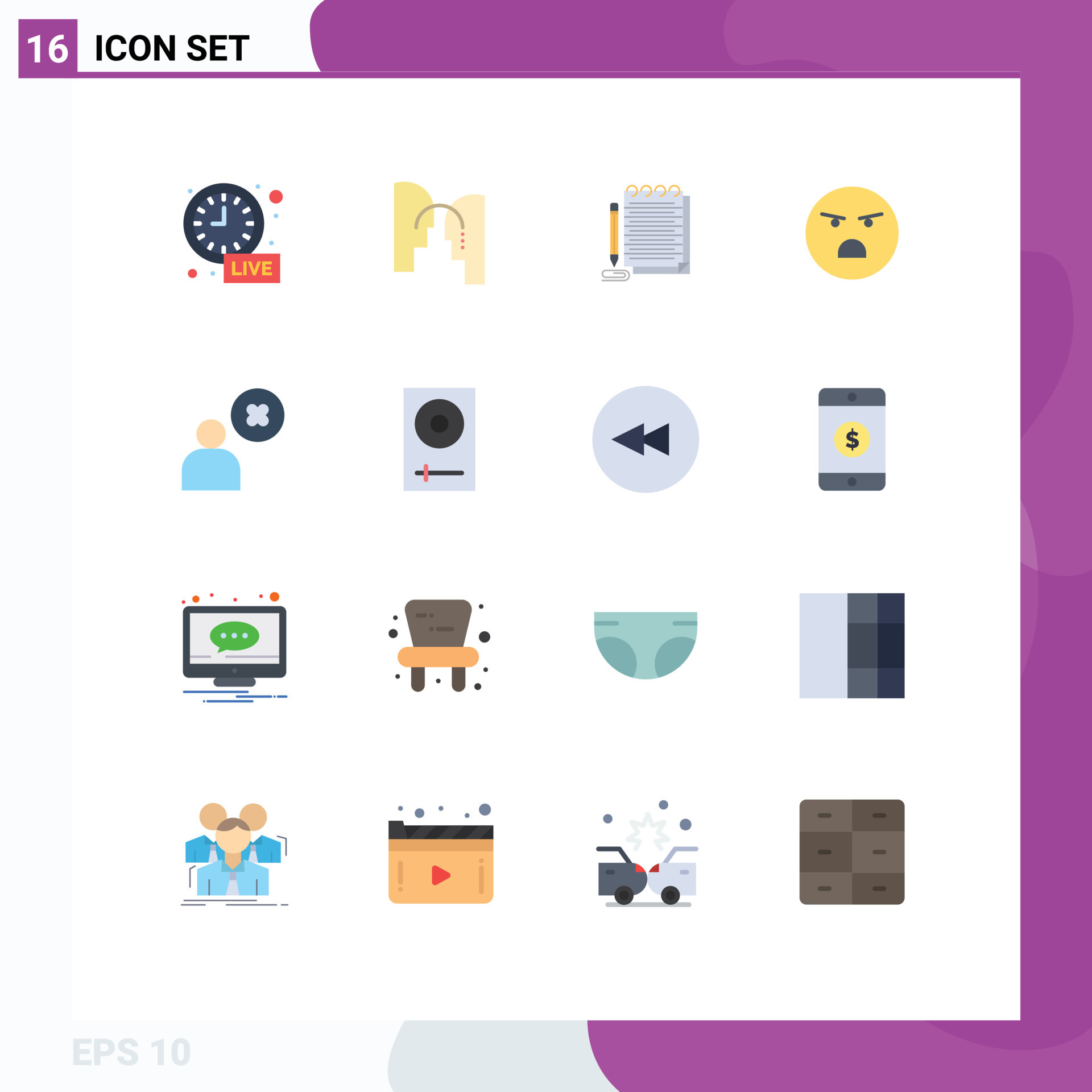 Set of 16 Modern UI Icons Symbols Signs for delete user feeling notepad ...
