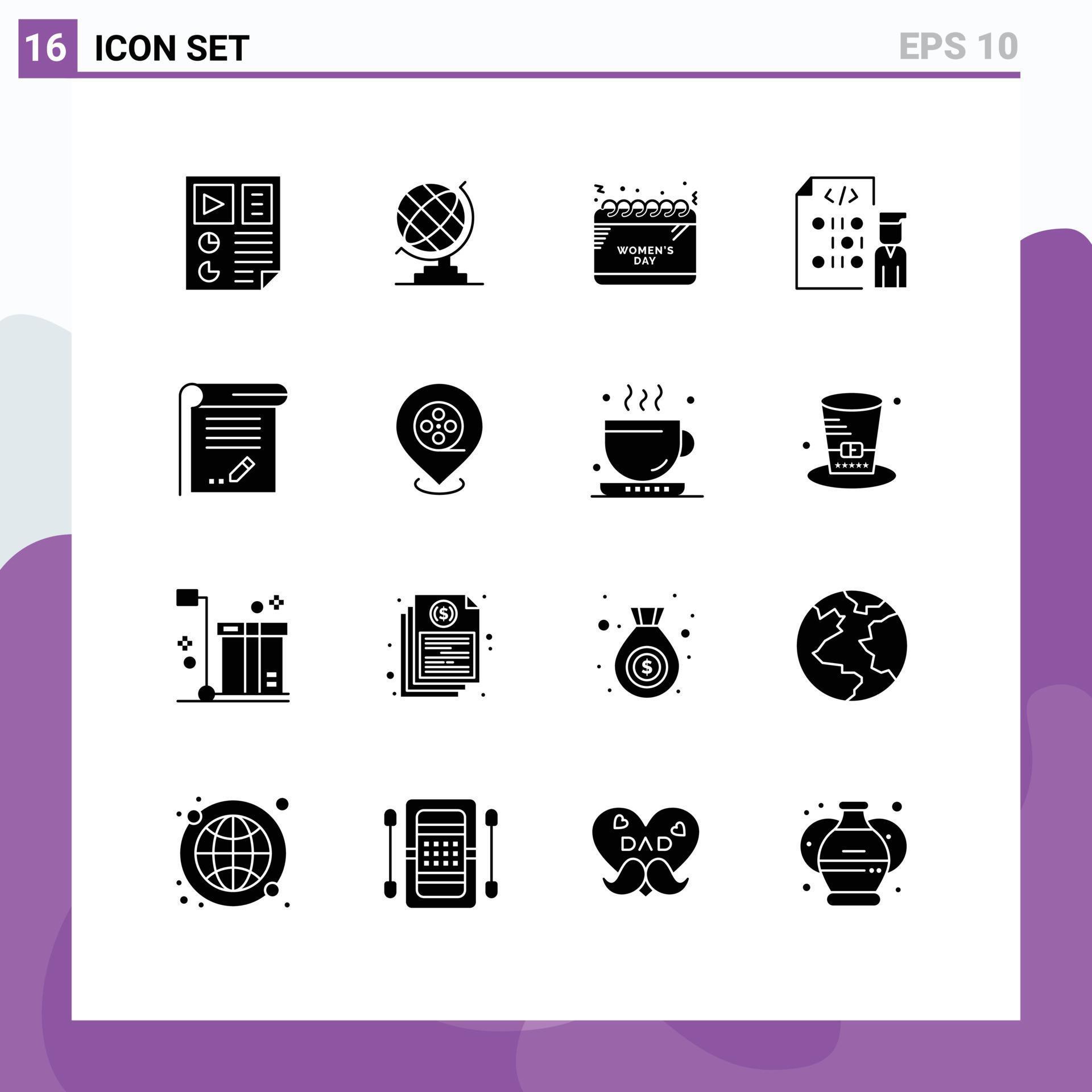 Universal Icon Symbols Group of 16 Modern Solid Glyphs of document ...