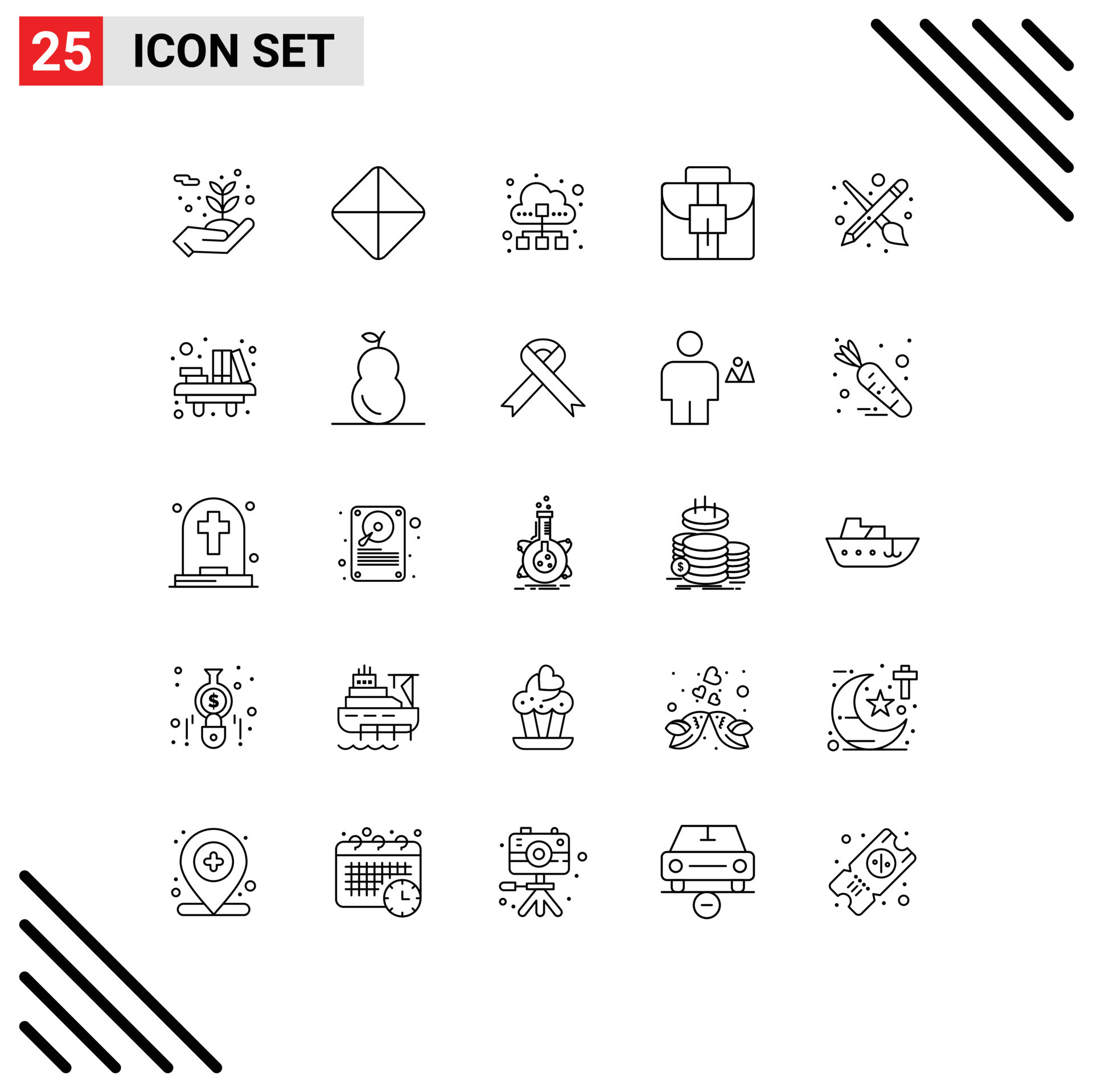 Set Of 25 Modern Ui Icons Symbols Signs For Tool Brush Data Suitcase Briefcase Editable Vector