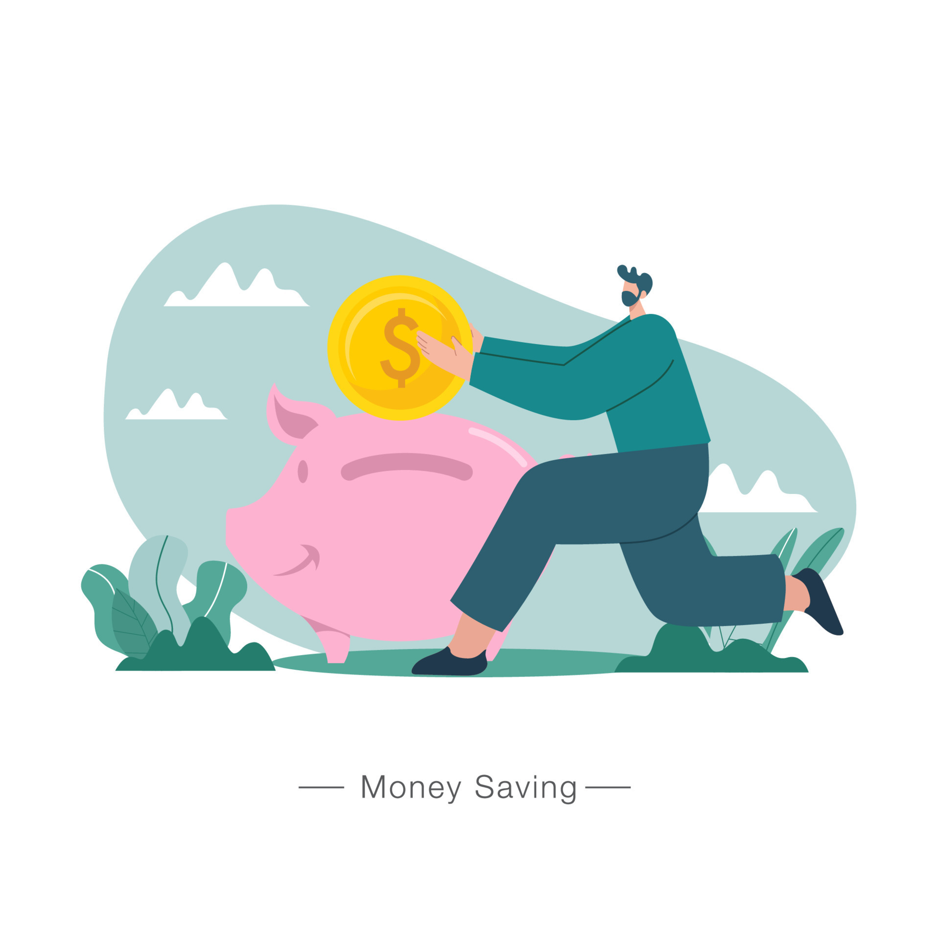 Money saving concept illustration. man saving money in piggy bank ... Money saving concept illustration. man saving money in piggy bank ...