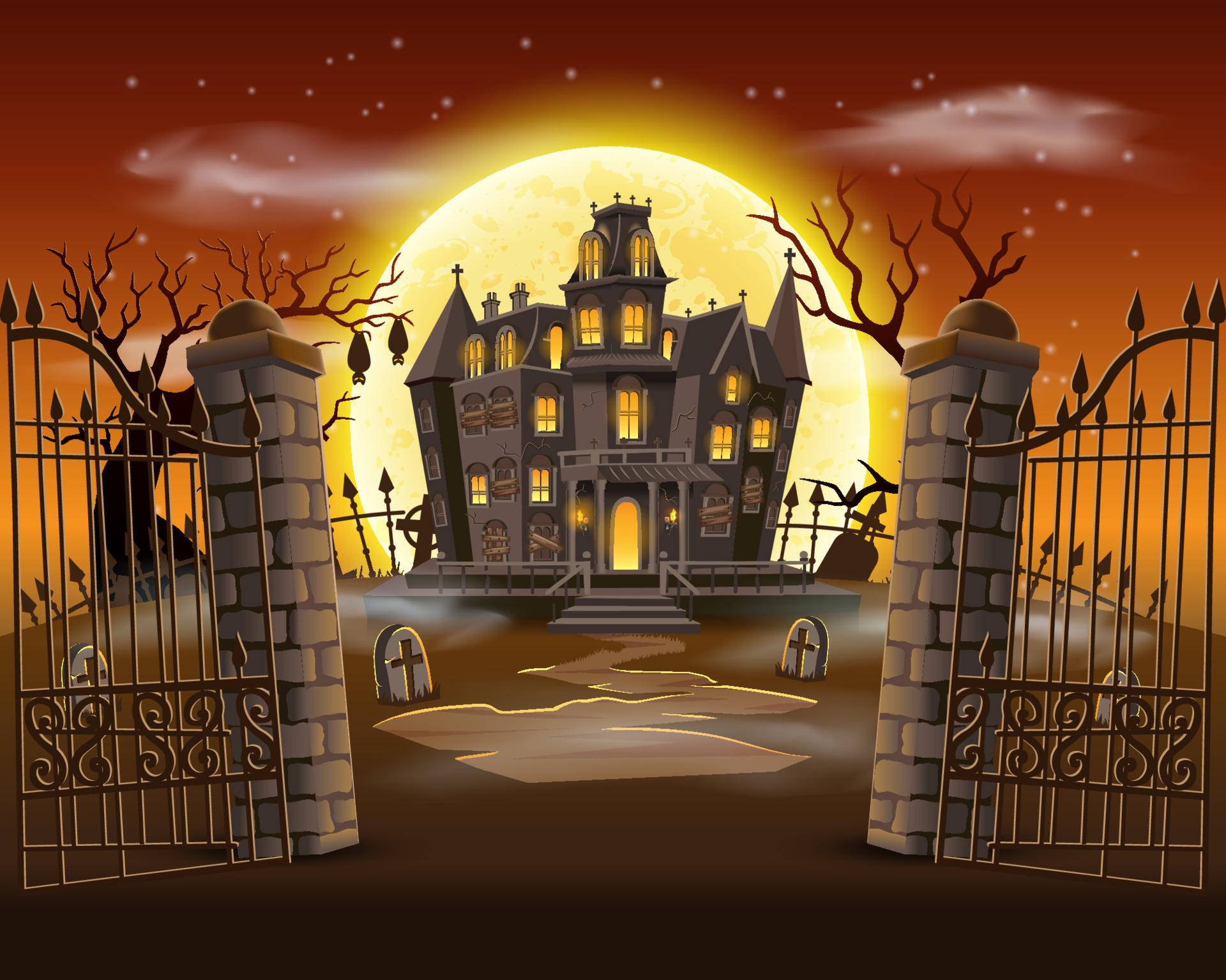 happy halloween background with scary pumpkin on graveyard with haunted ...