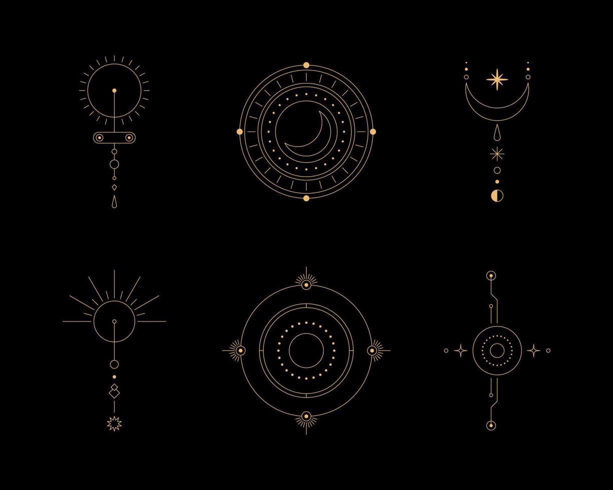 Set Of Moon And Sun Line Art Minimal Boho Linear Symbols Celestial Mystic Element Vector Line