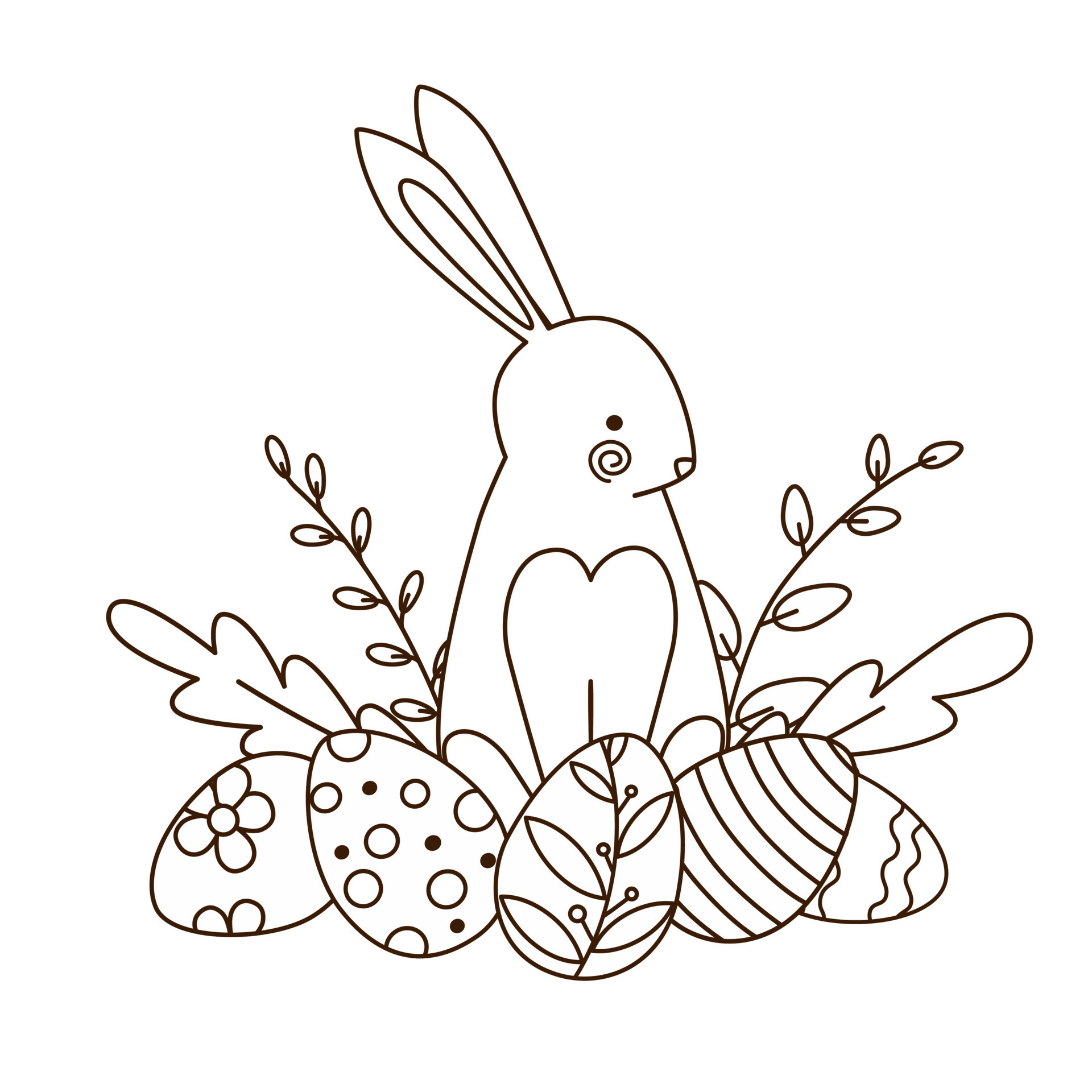 Easter bunny, eggs and twigs doodle outline monochrome vector ...