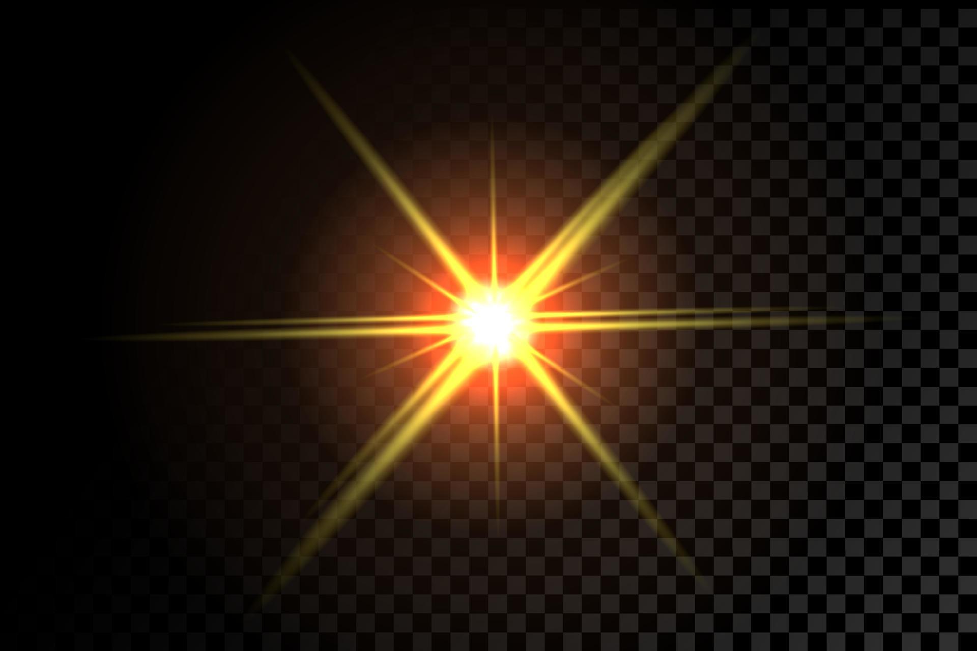 Sparkling star with blinking light on a dark transparent background. Vector explosion with rays ...