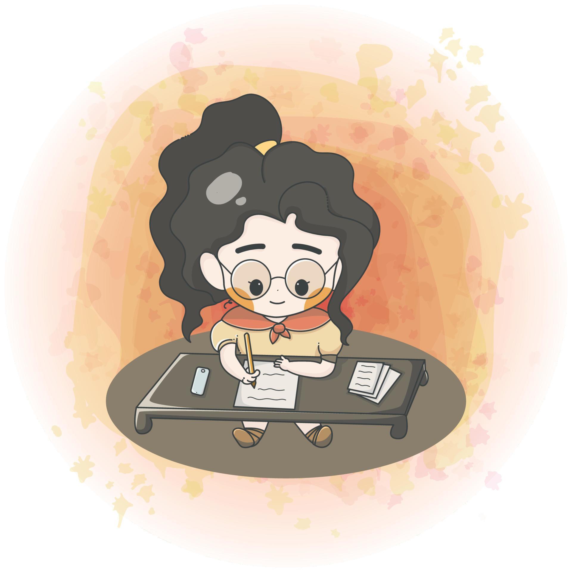Cute Chibi Girl Student in School Uniform Writing Assignments in Study Table 16777690 Vector Art ...