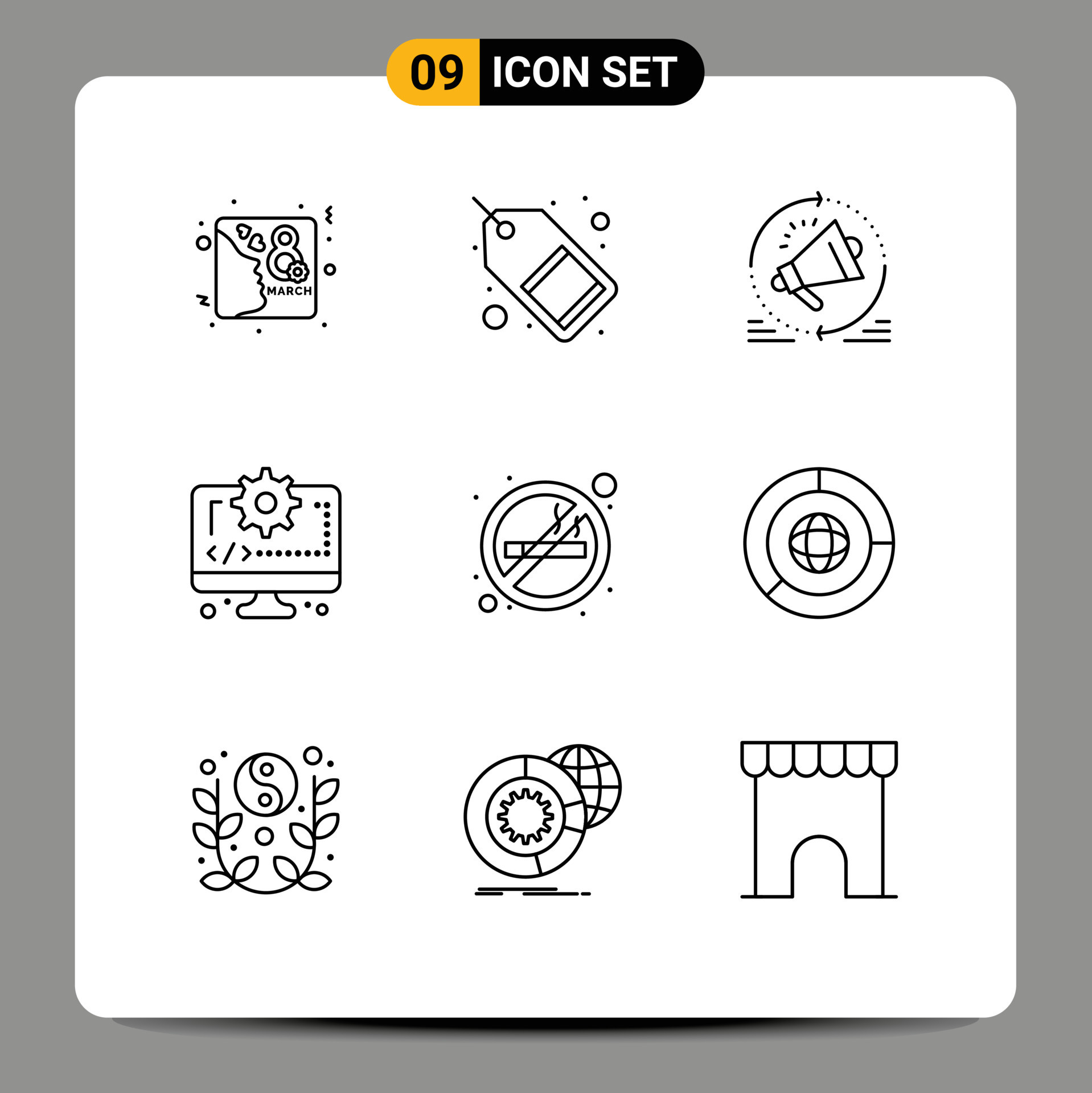 Modern Set Of 9 Outlines And Symbols Such As Gear Coding Sale Tag Computer Announcement Editable