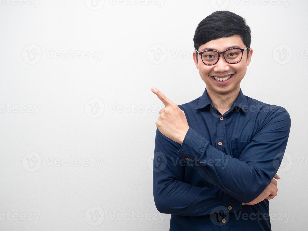 Asian Businessman Wearing Glasses Cheerful Smile Point Finger At Copy