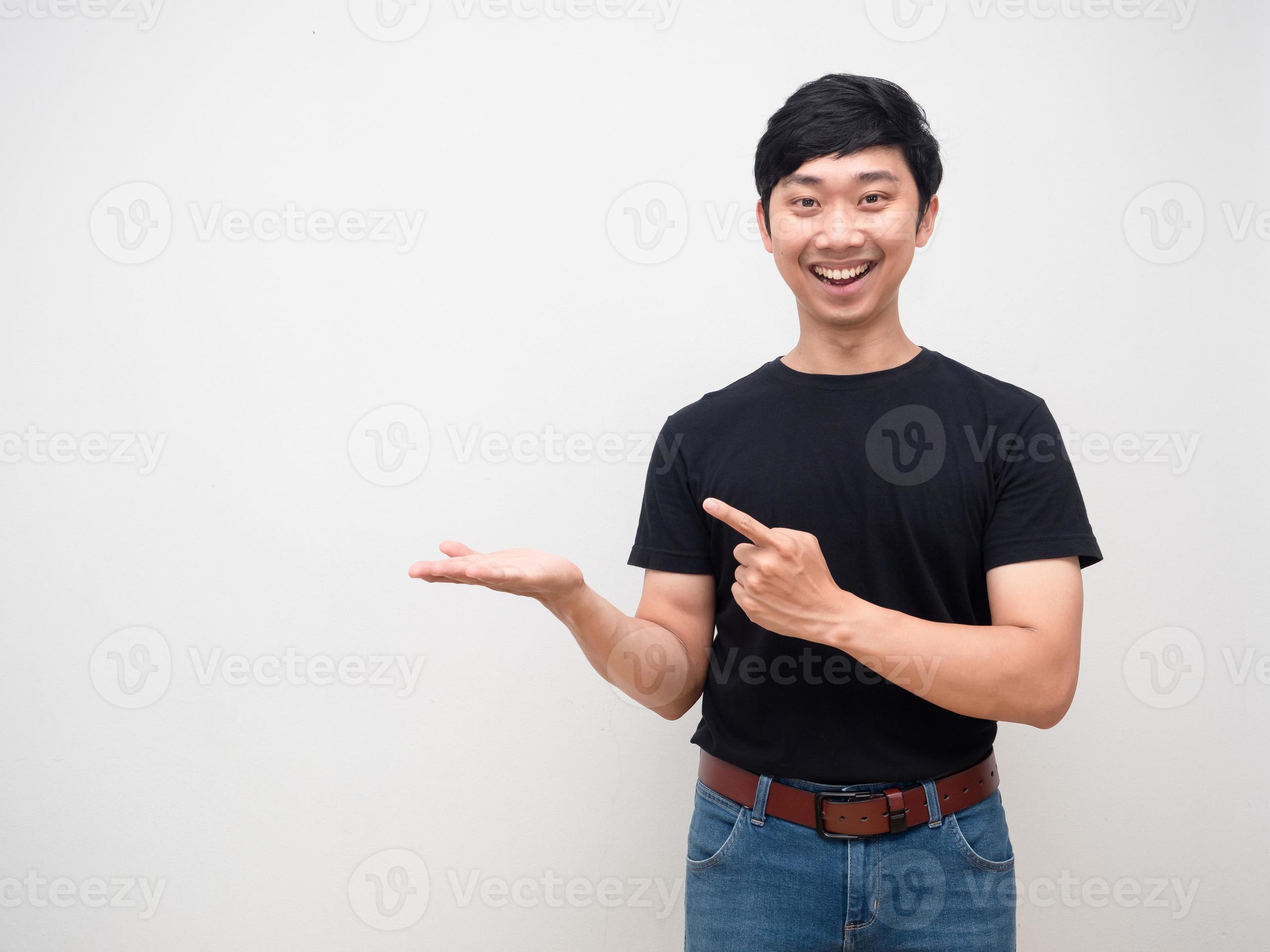 Positive Man Smile Show Empty Hand With Point Finger Isolated 16790907