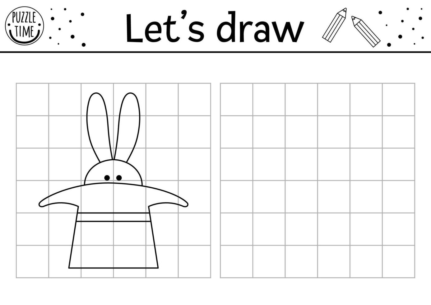 Draw the rabbit in hat. Complete the picture. Vector circus drawing ...