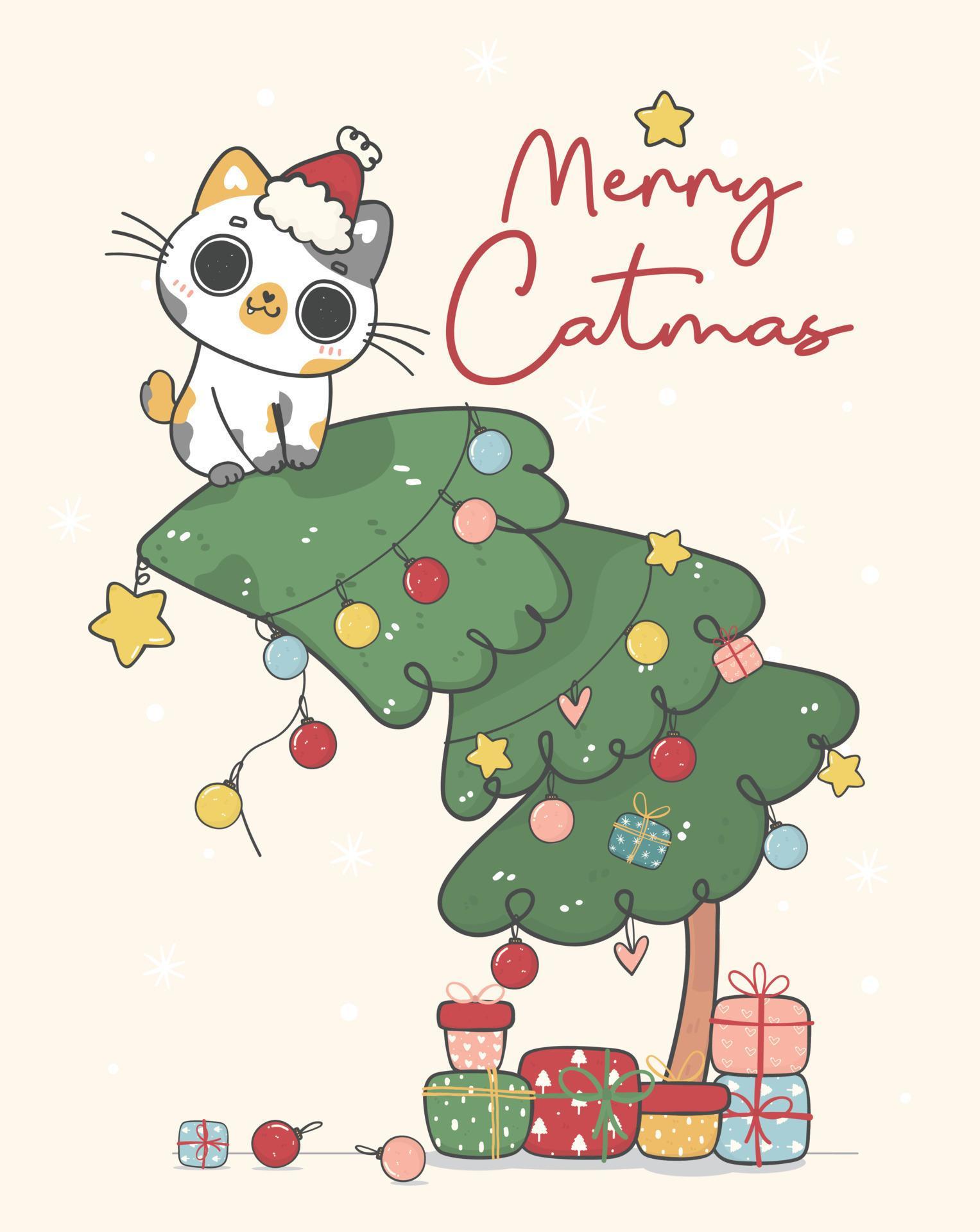 Cute Funny Naughty Calico Bobtail Kitten Cat Hanging On Christmas