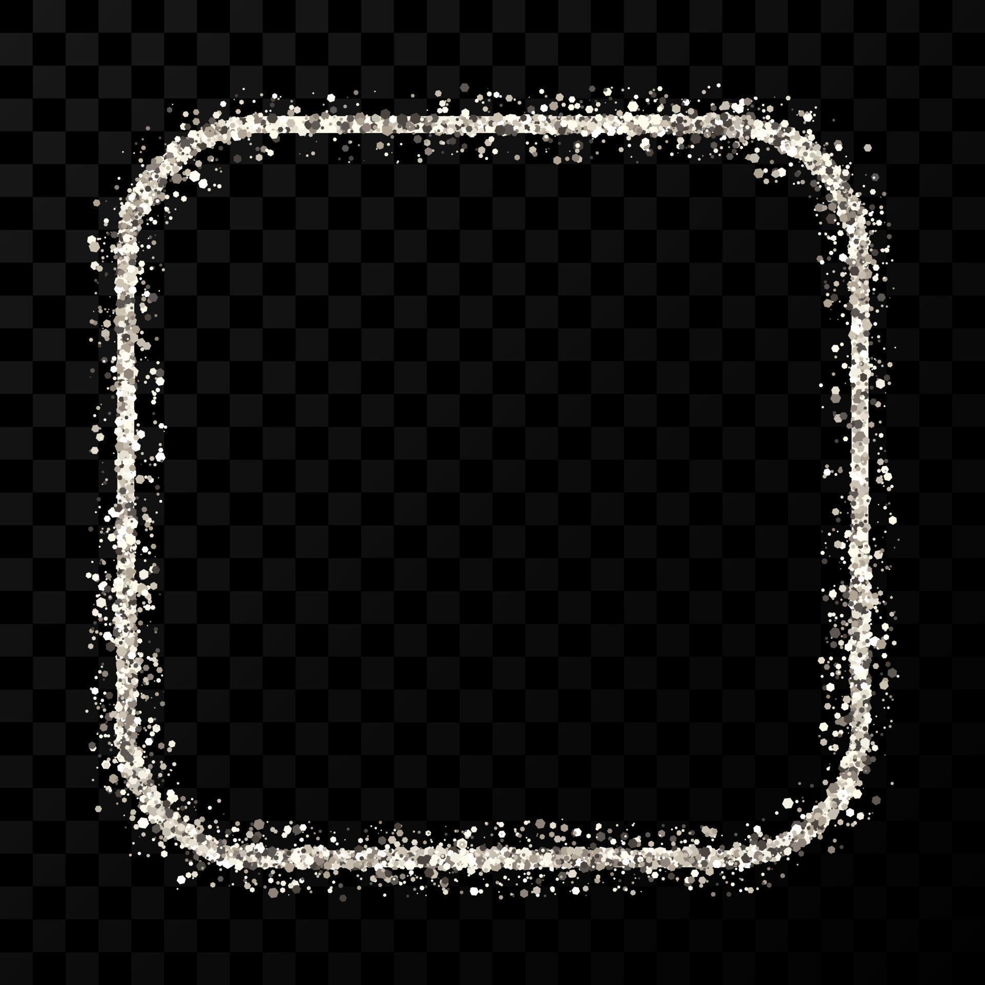 Silver glitter frame. Square with rounded corners frame with shiny sparkles on dark transparent ...