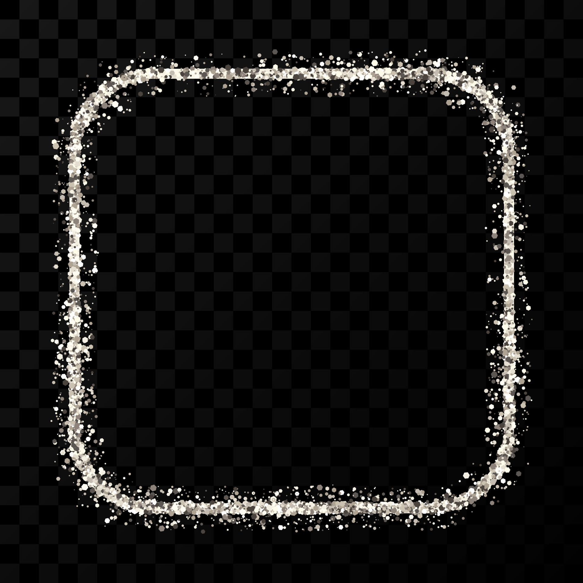 Silver glitter frame. Square with rounded corners frame with shiny sparkles on dark transparent ...